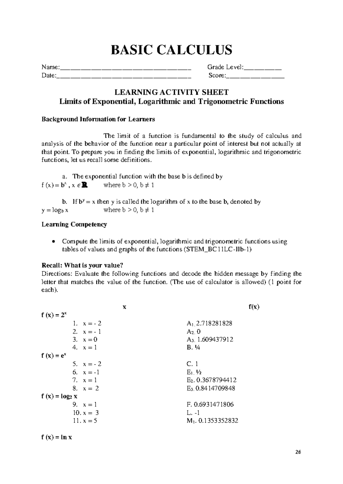 Limits of Exponential, Logarithmic and Trigonometric Functions with answer key - BASIC CALCULUS ...