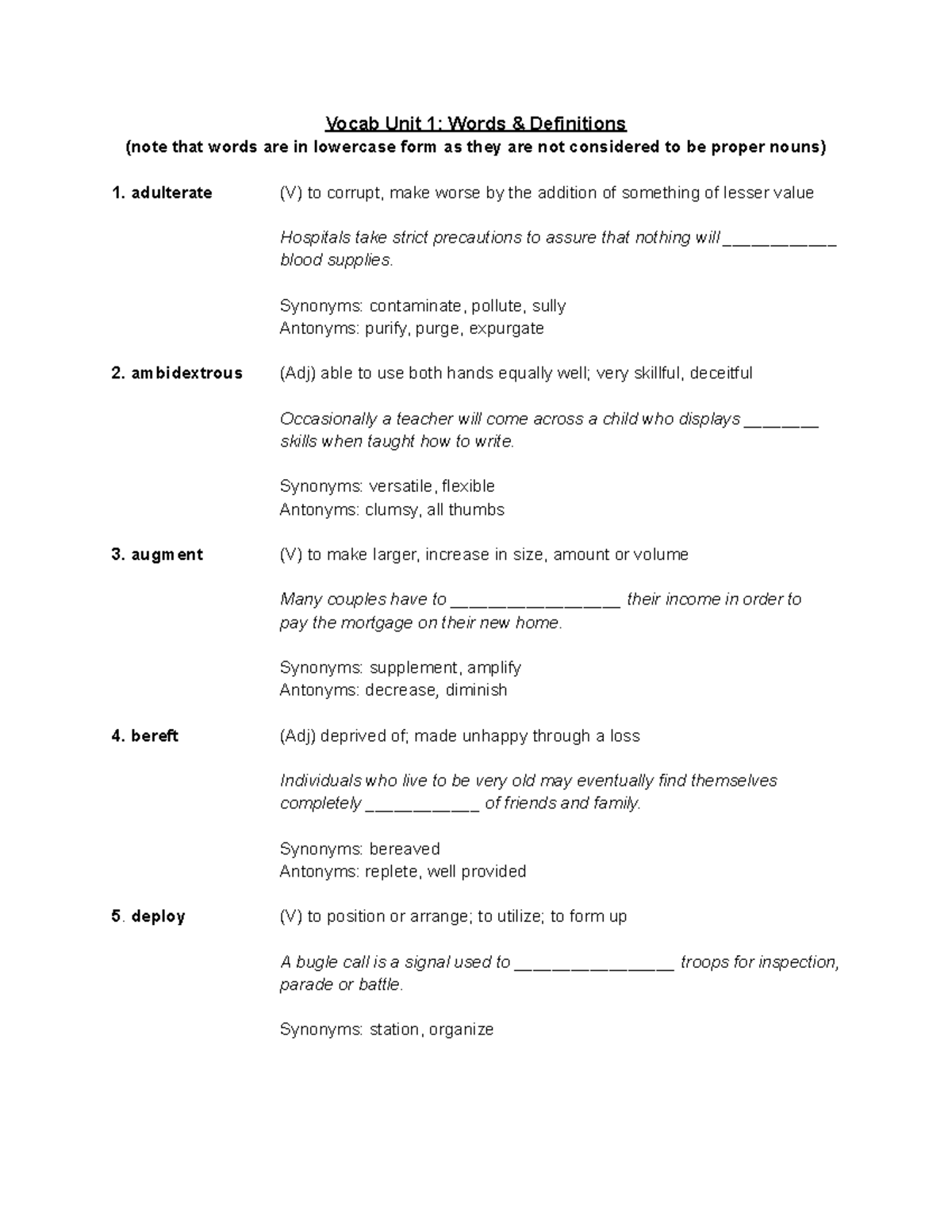 Vocab Unit 1: Definitions and Usage Examples - Vocab Unit 1: Words ...