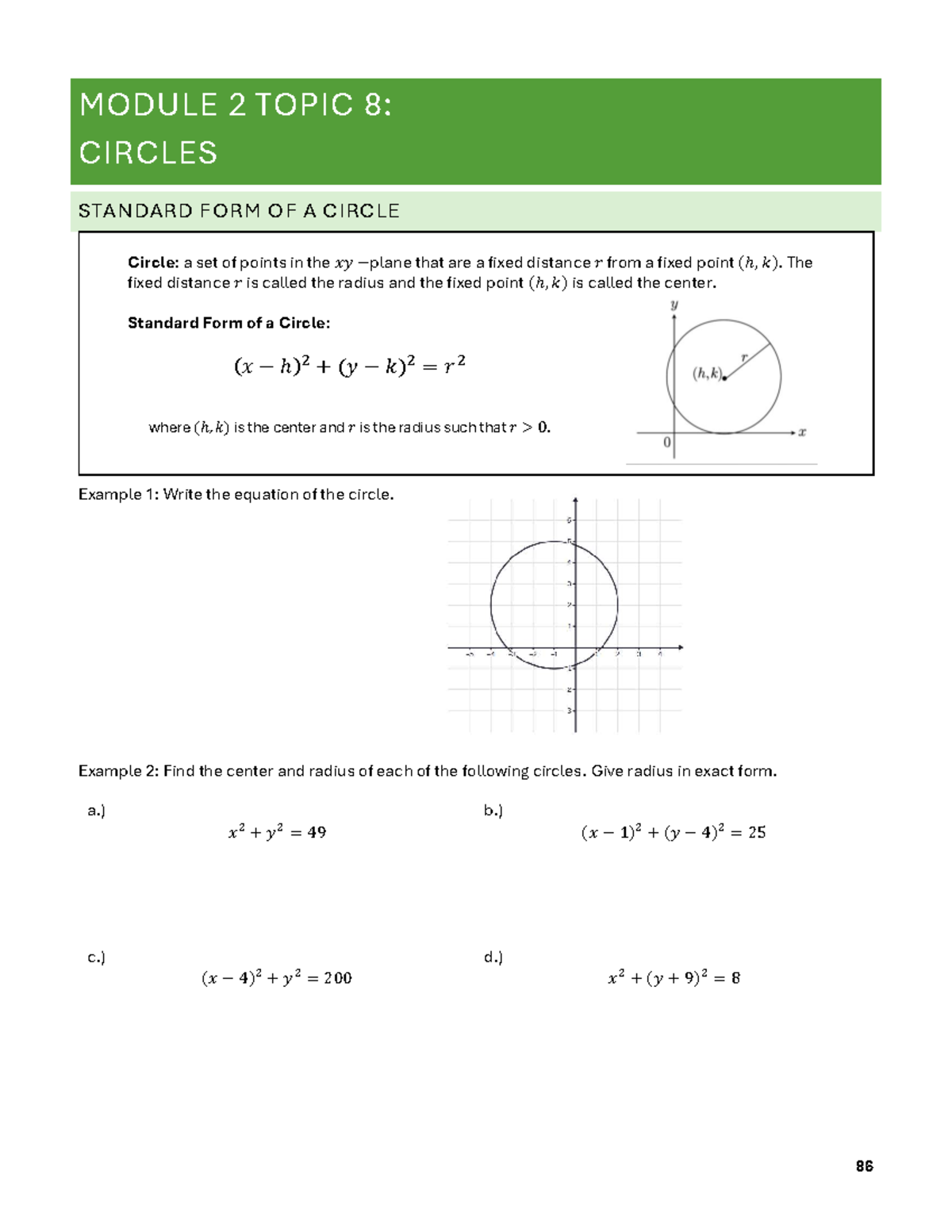 Standard & General Form of Circles - Module 2, Topic 8 - Studocu