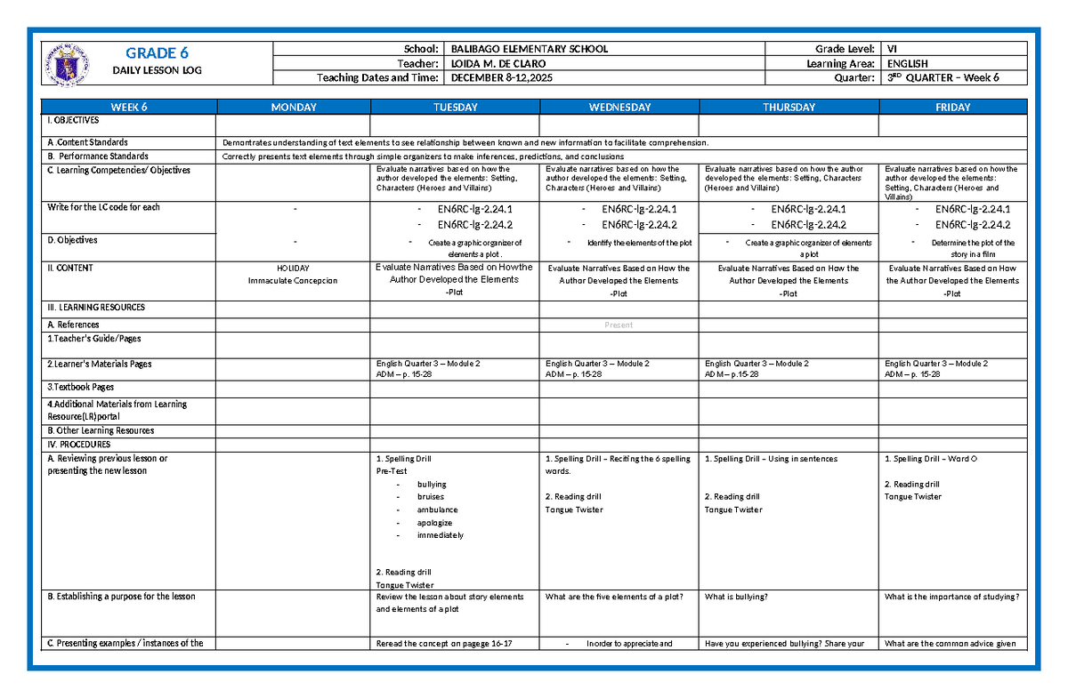 English DLL G6 Q3 Week 6: Lesson Plan on Narrative Elements - Studocu