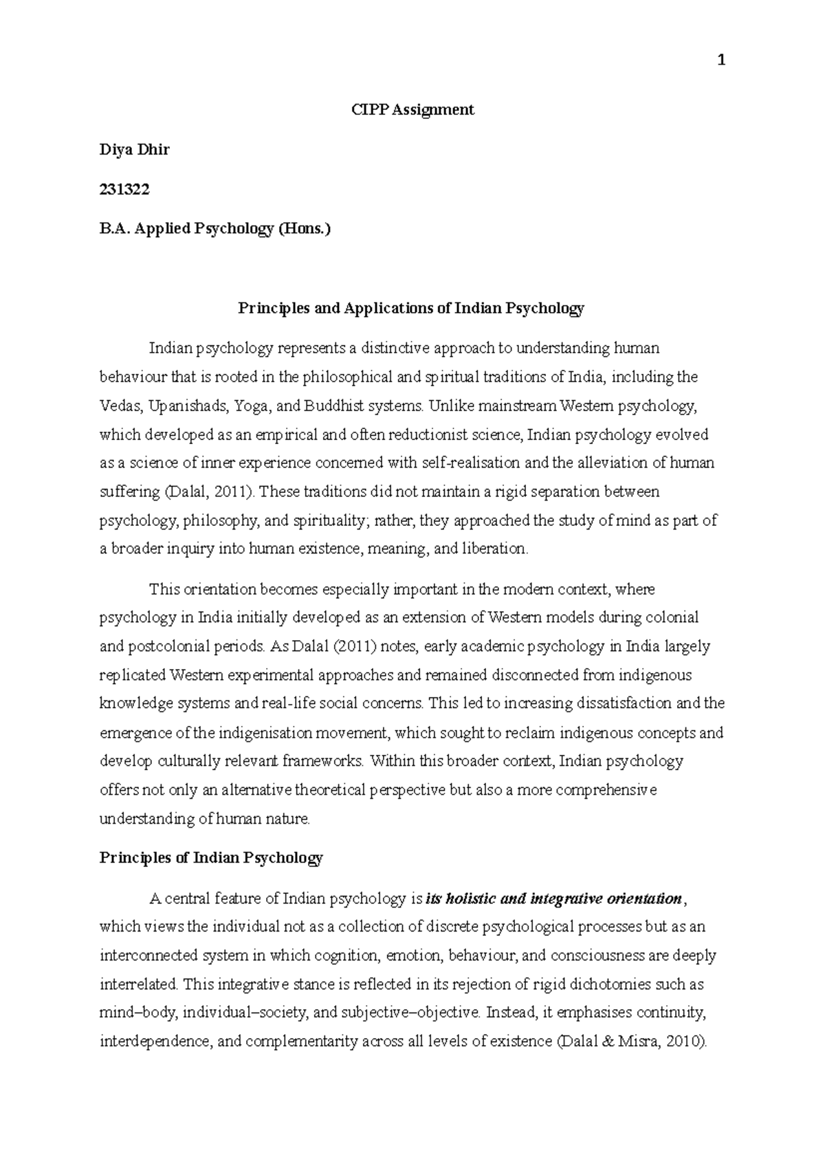 CIPP 231322 B.A. Applied Psychology: Indian Psychology Principles - Studocu