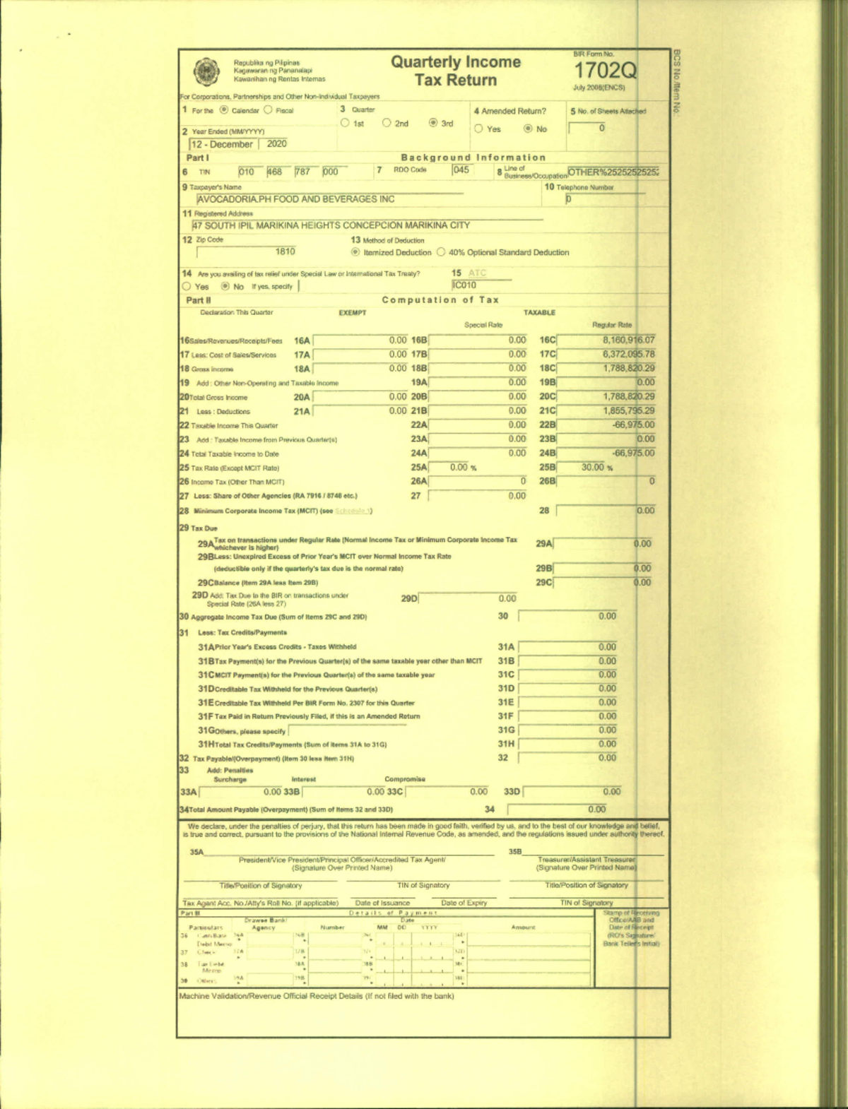 Avocadoria PH AFS-ITR 2020 - aIR Form No. CD 0 1702Q (J) 1 ...