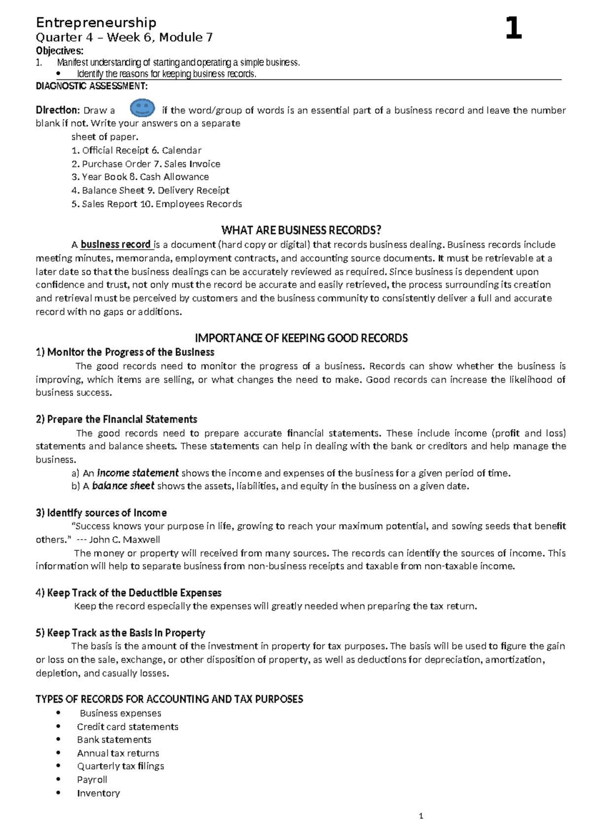 Entrep Mod-7 Business-records - 1 1 Entrepreneurship Quarter 4 – Week 6 ...