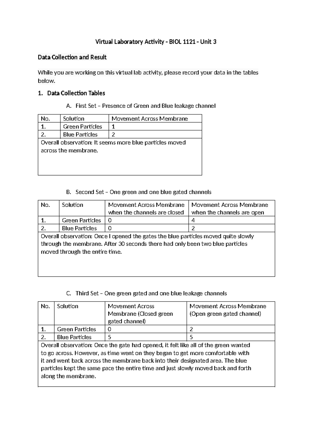 BIOL 1121 - Virtual Lab Activities: Units 3, 4, and 5 Data Collection ...