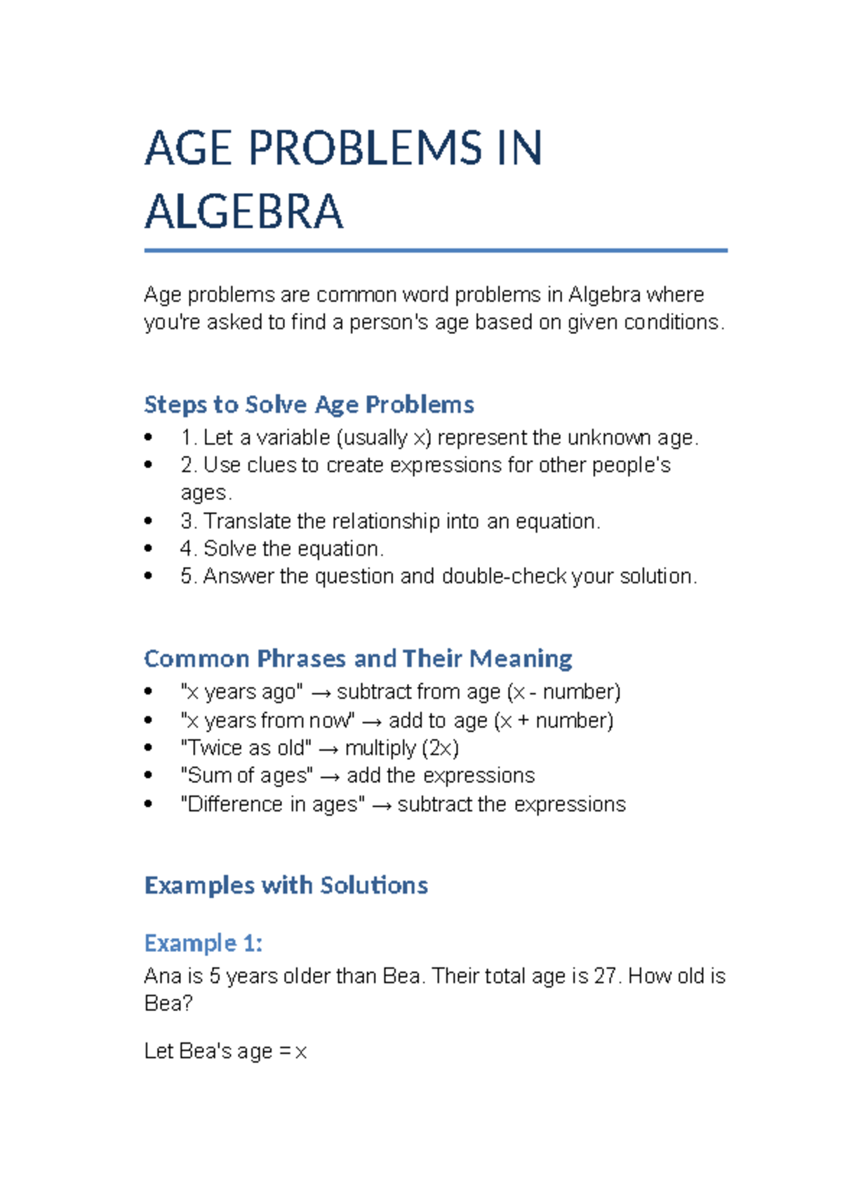 Age Problems in Algebra A5: Solving Age Word Problems - Studocu