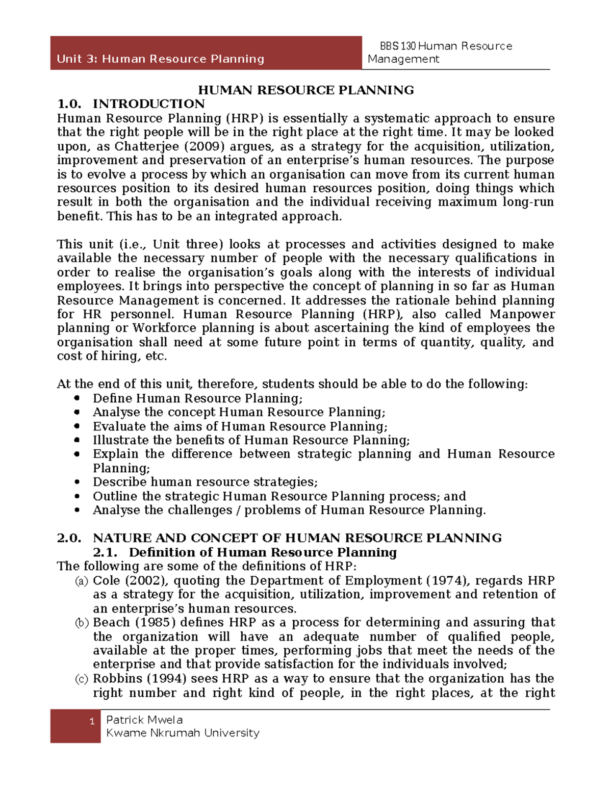 Unit 3: Human Resource Planning Overview - BBS 130 HR Management - Studocu