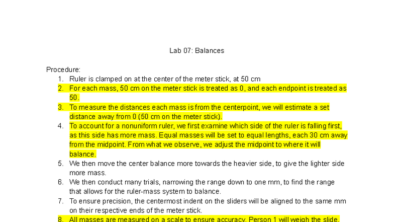 Lab 07: Balancing Procedure with Meter Stick Measurements - Studocu