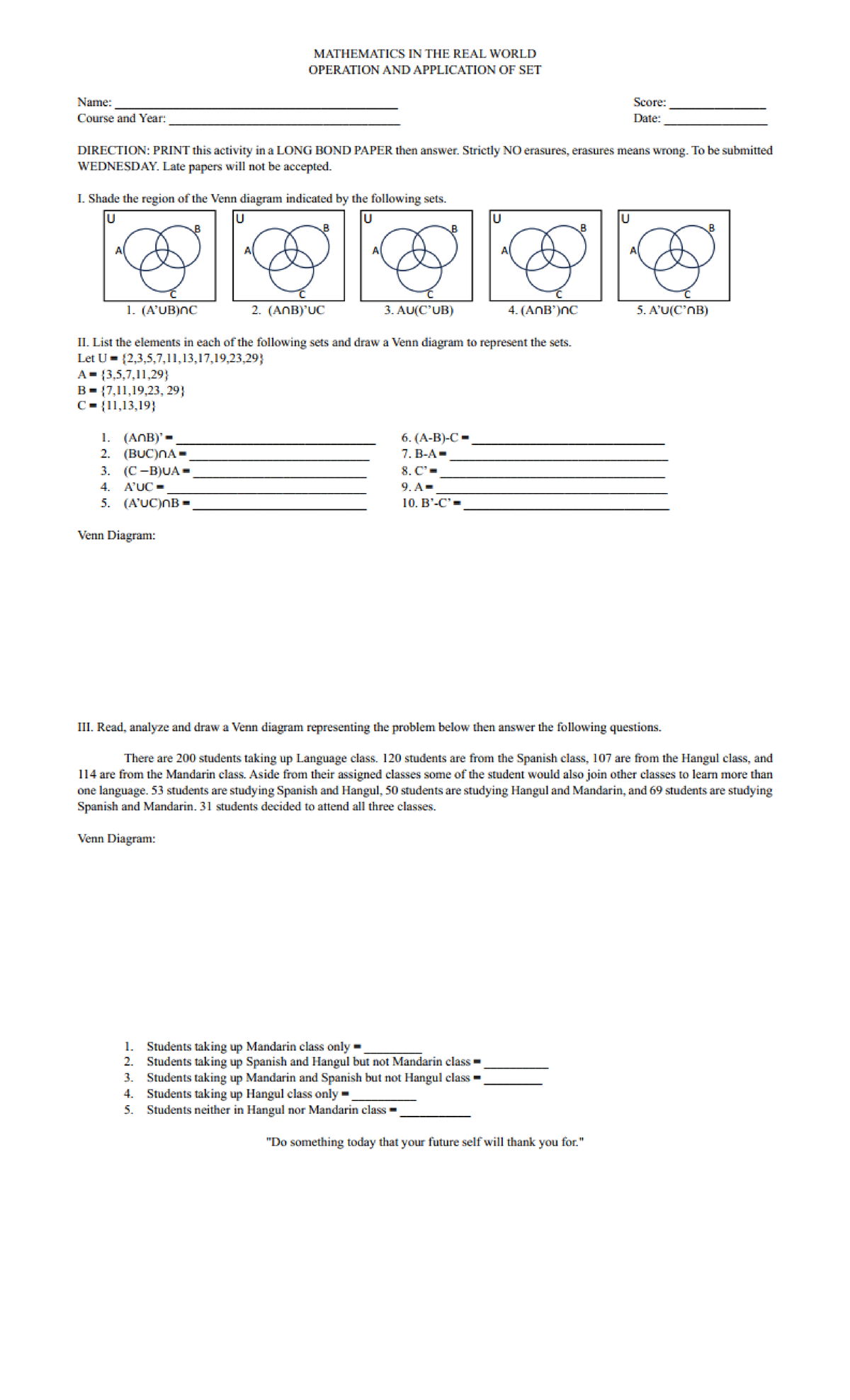 Operation AND Application OF SETS - MATHEMATICS IN THE REAL WORLD ...