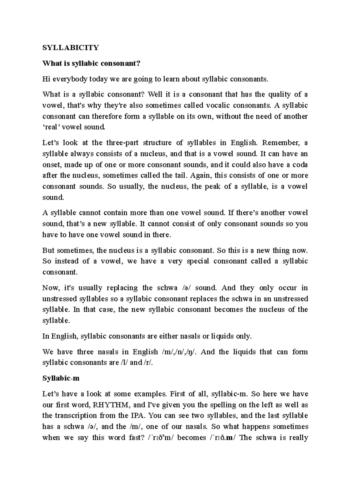 B1 - b1.3 Lecture on Syllabic Consonants and Their Functions - Studocu