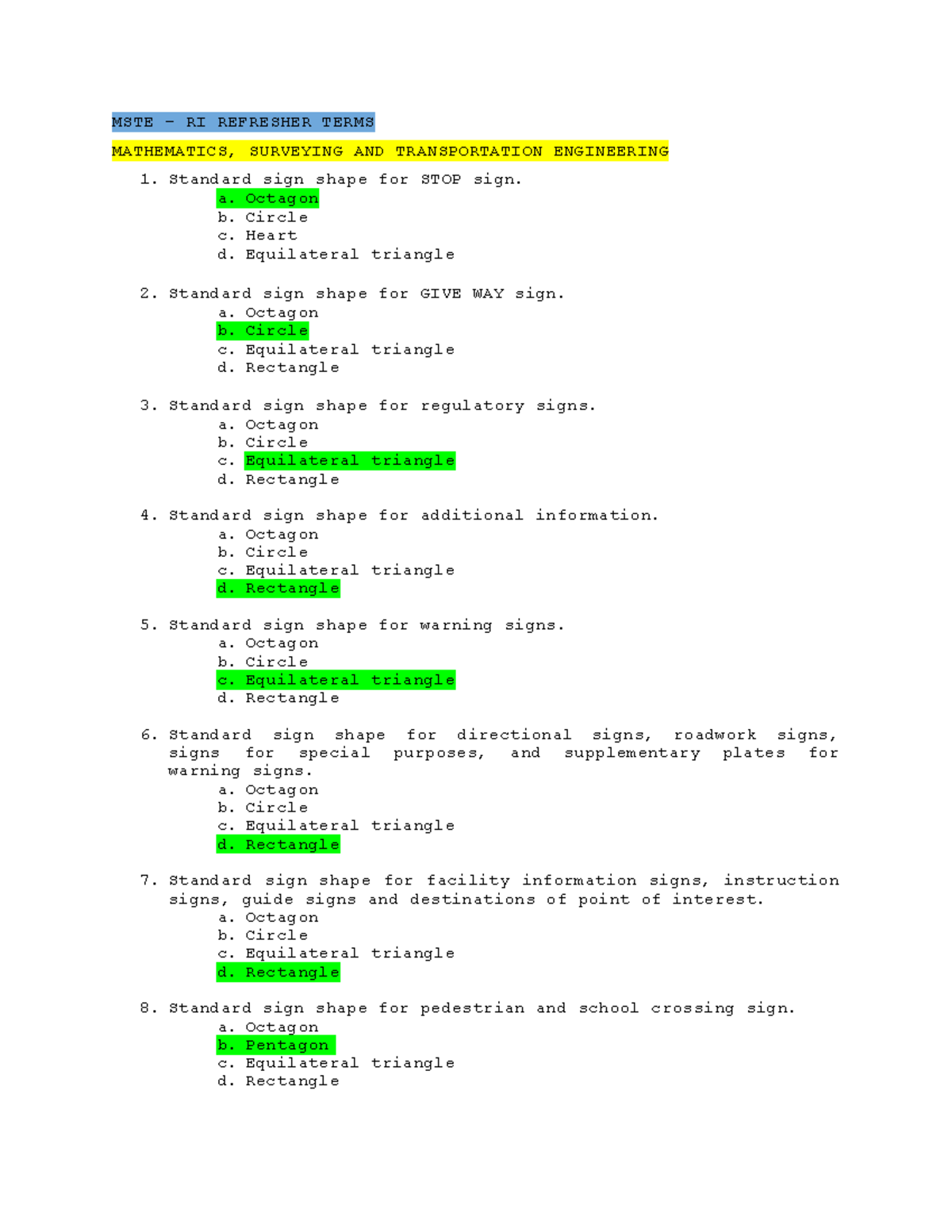 MSTE RI Refresher: Key Terms in Mathematics, Surveying & Transportation - Studocu