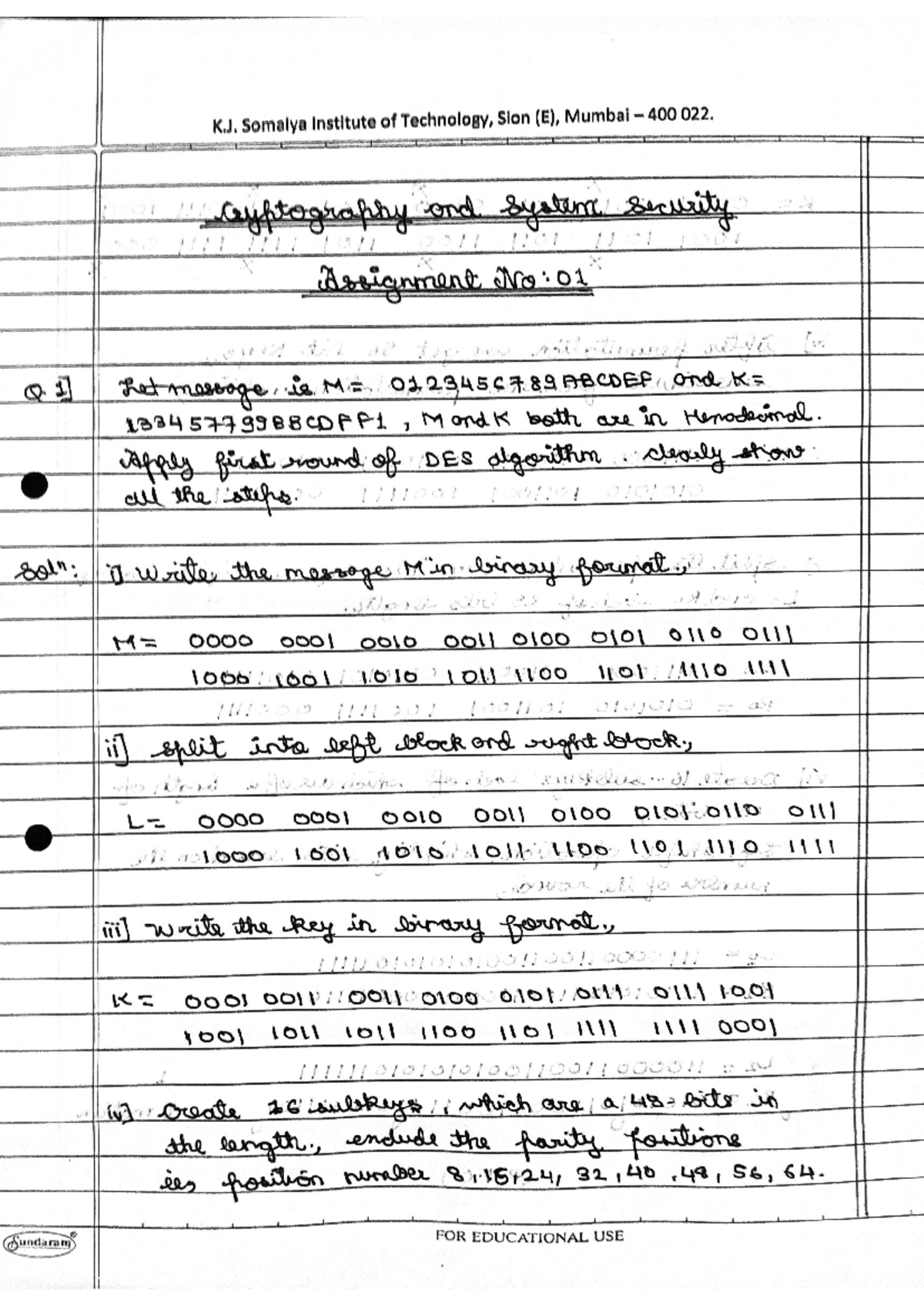 Cryptography and System Security (CS101) Assignment 01 Solutions and ...