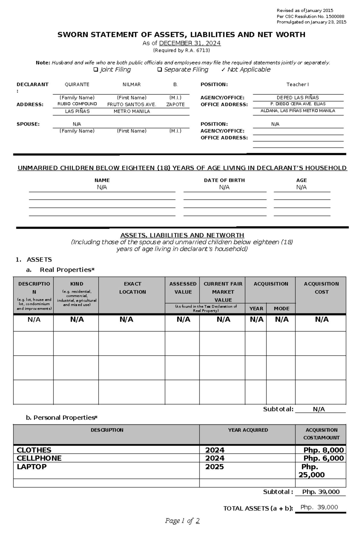 SALN - Sample Sworn Statement of Assets & Liabilities (2024) - Studocu
