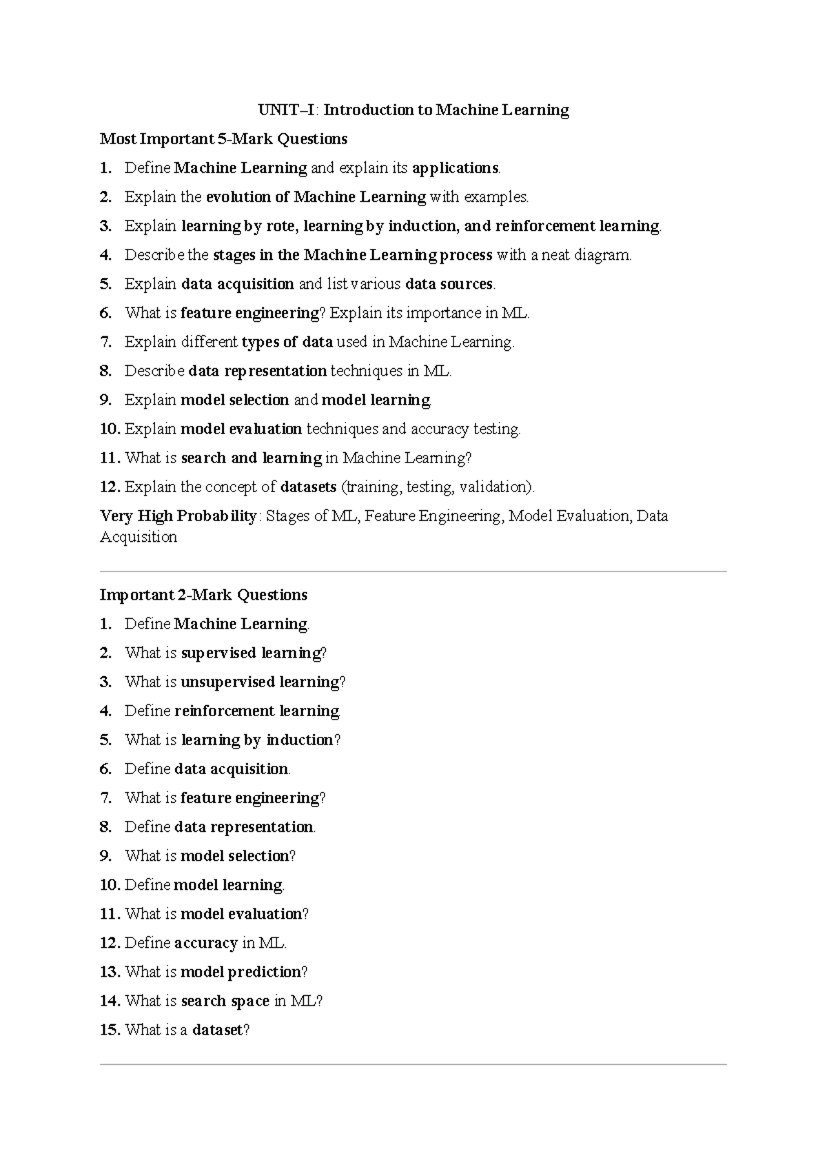ML Important Questions & Concepts: Machine Learning Overview - Studocu