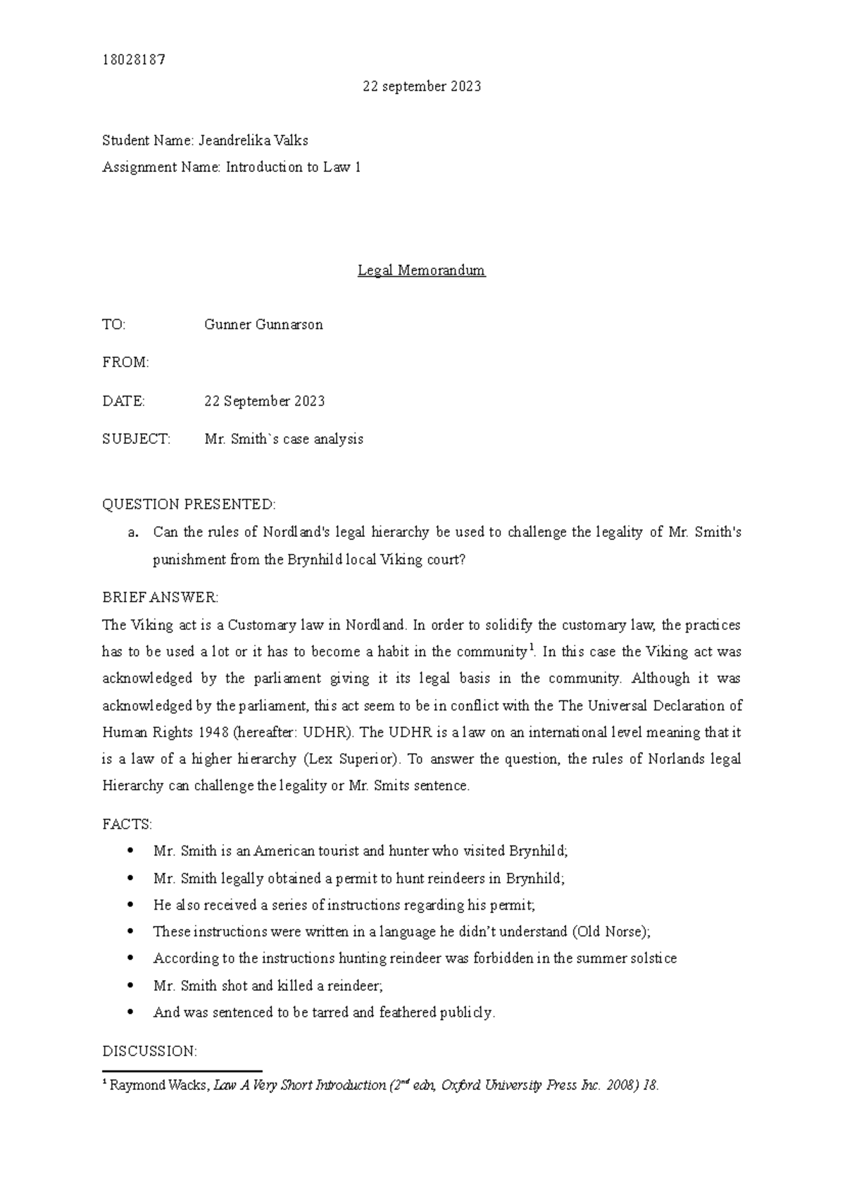 Intro to Law 1: Legal Memorandum on Mr. Smith's Punishment Analysis ...