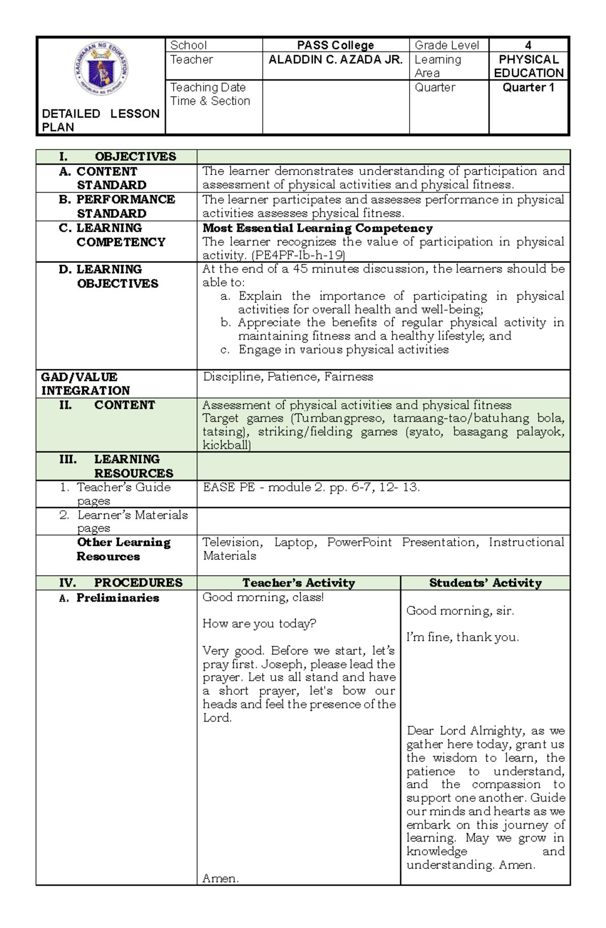PE 101: Detailed Lesson Plan on Importance of Physical Activities - Studocu