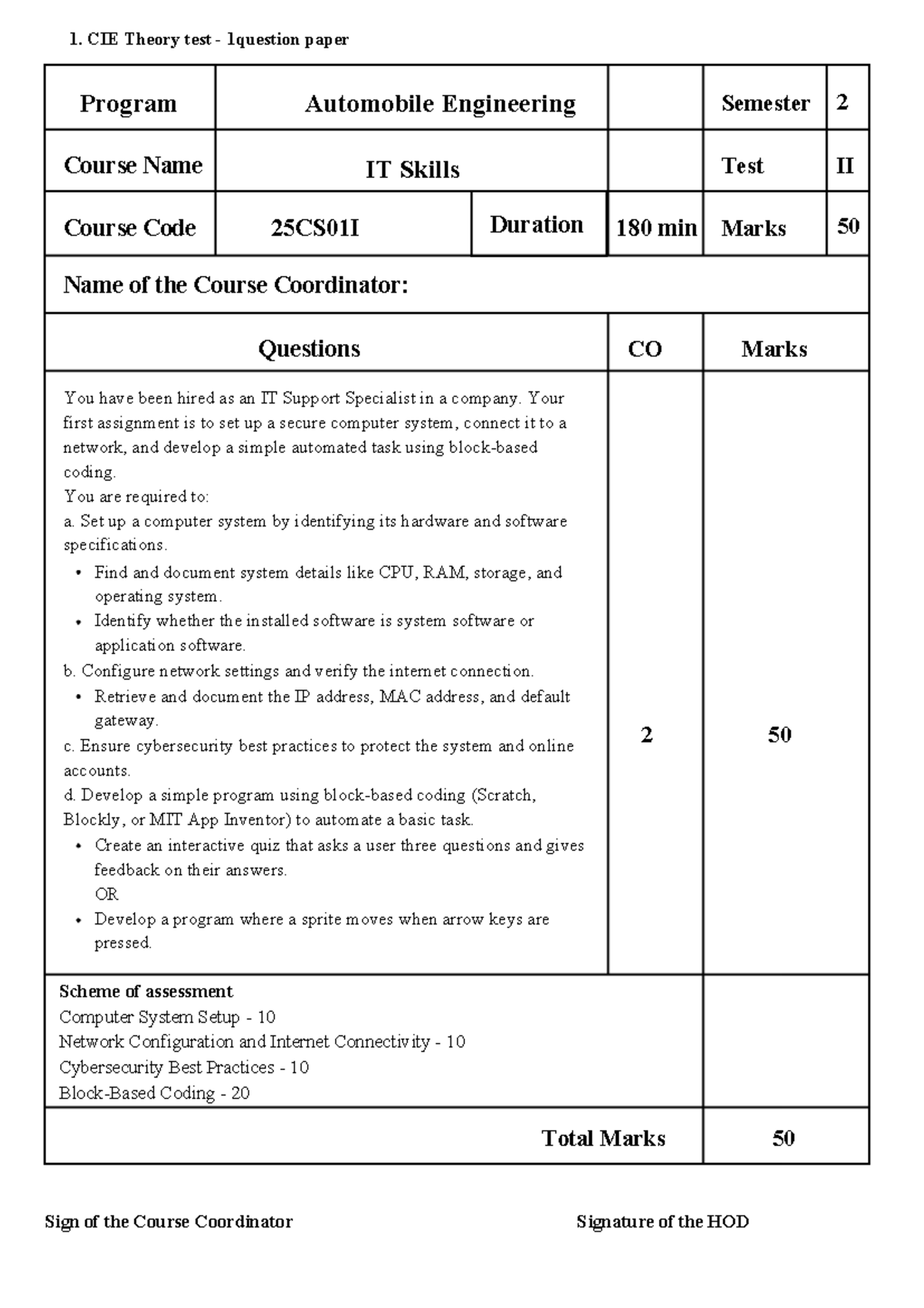 CIE Theory Test 1 - IT Skills 25CS01I - Automobile Engineering - Studocu