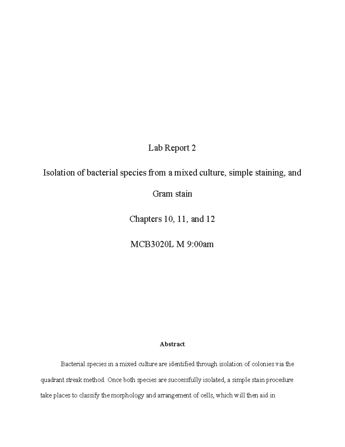 Lab Report 2: MCB3020L - Isolation & Staining of Bacterial Species - Studocu