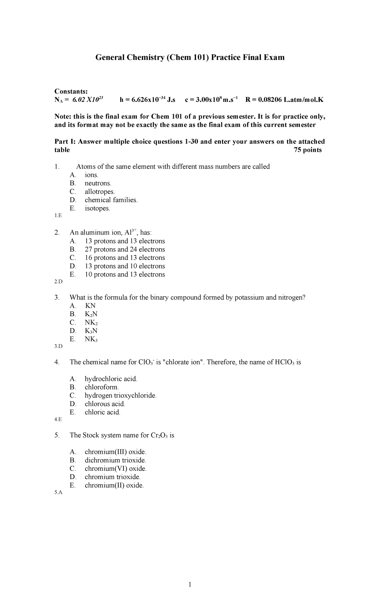 Chem 101 practice final exam questions and constants - Studocu