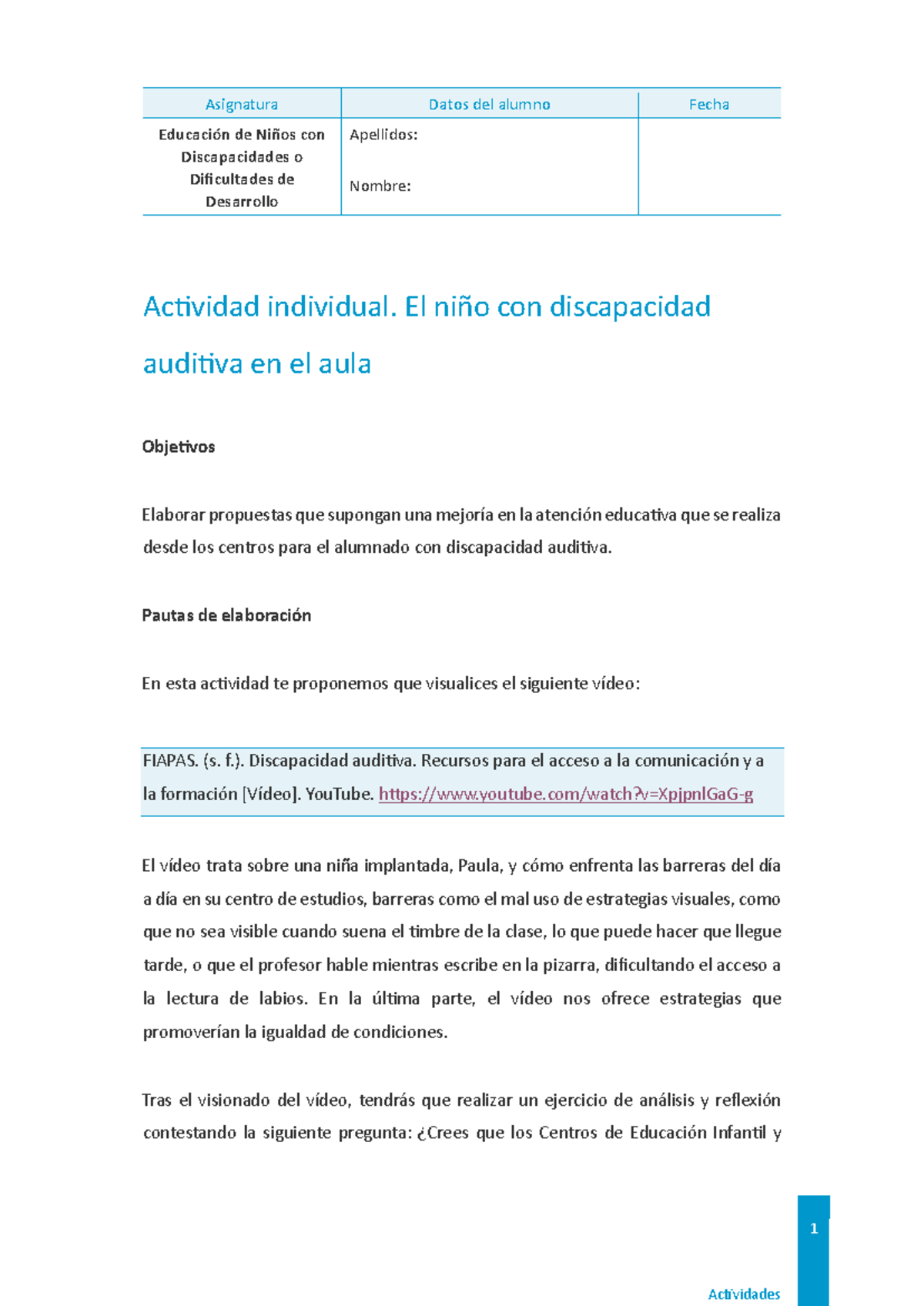 Actividad Individual: El Niño con Discapacidad Auditiva en el Aula ...
