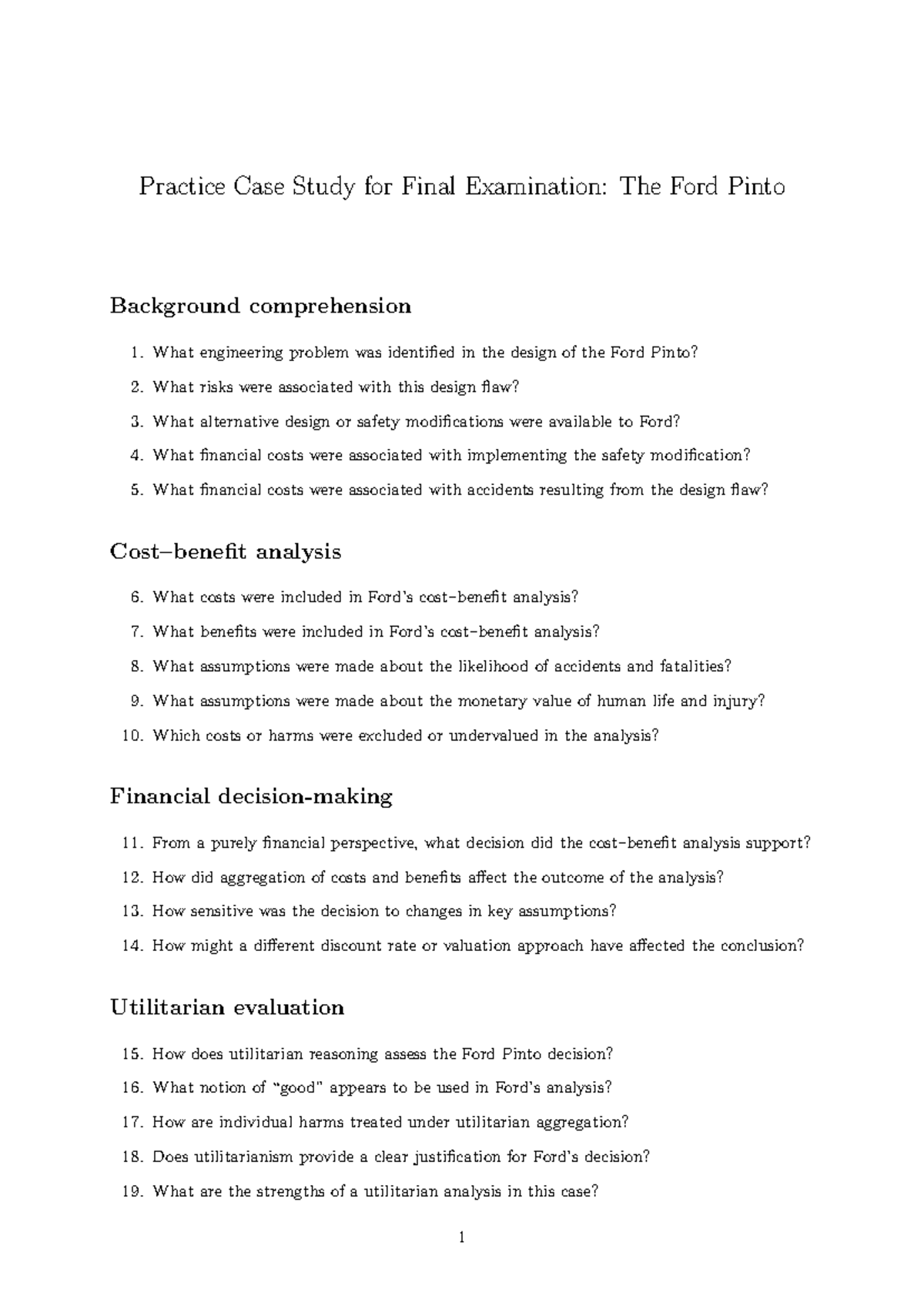 Pinto Case Study Questions for Final Exam: Engineering & Ethics Analysis - Studocu