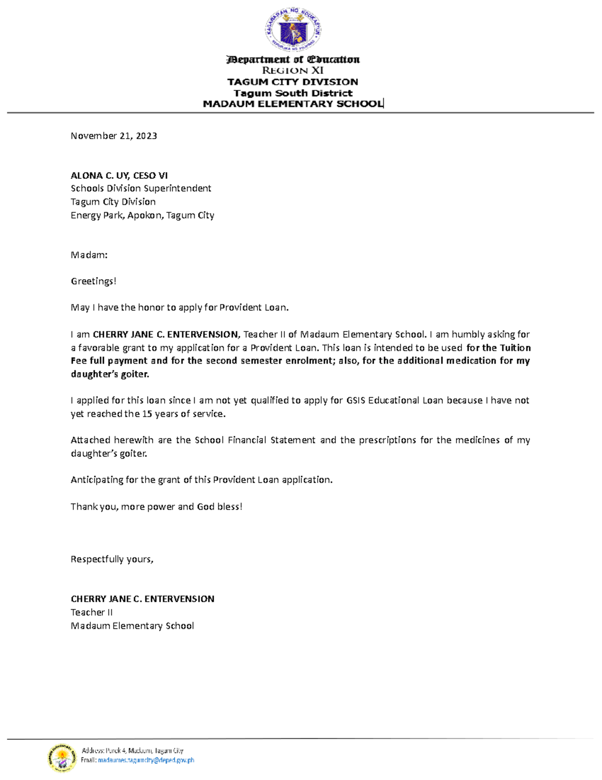 Letter-of-Intent - letter - November 21, 2023 ALONA C. UY, CESO VI ...
