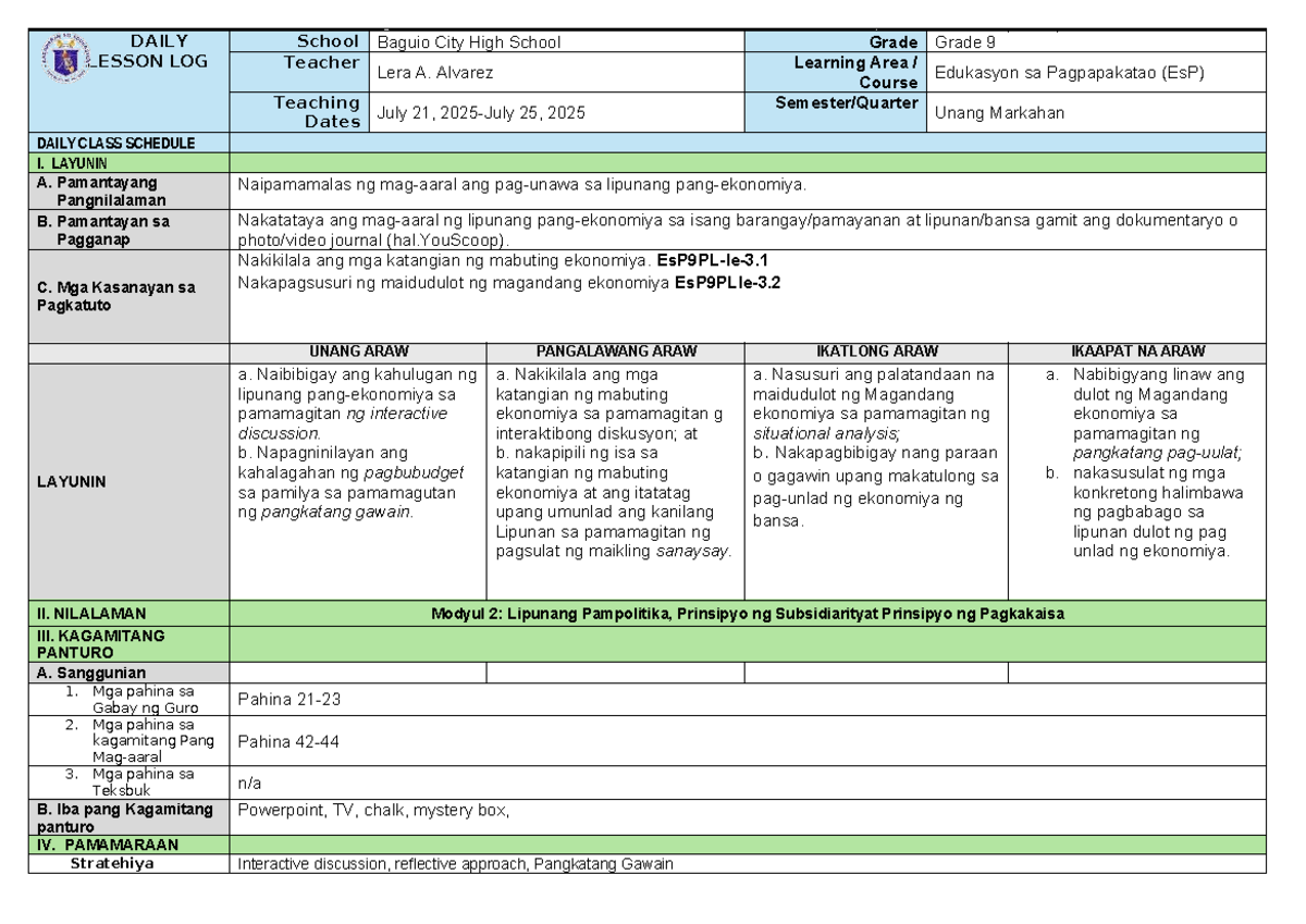 DLL for Grade 9 EsP: July 21-25 Lesson Plans and Activities - Studocu