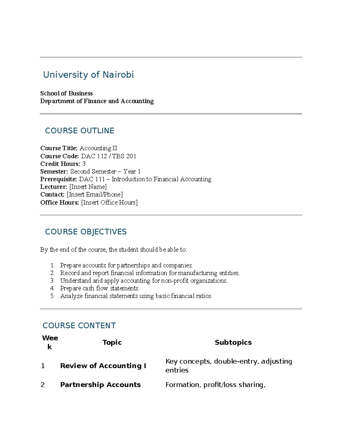 DAC 112 TBS 201: Accounting II Course Outline and Objectives - Studocu