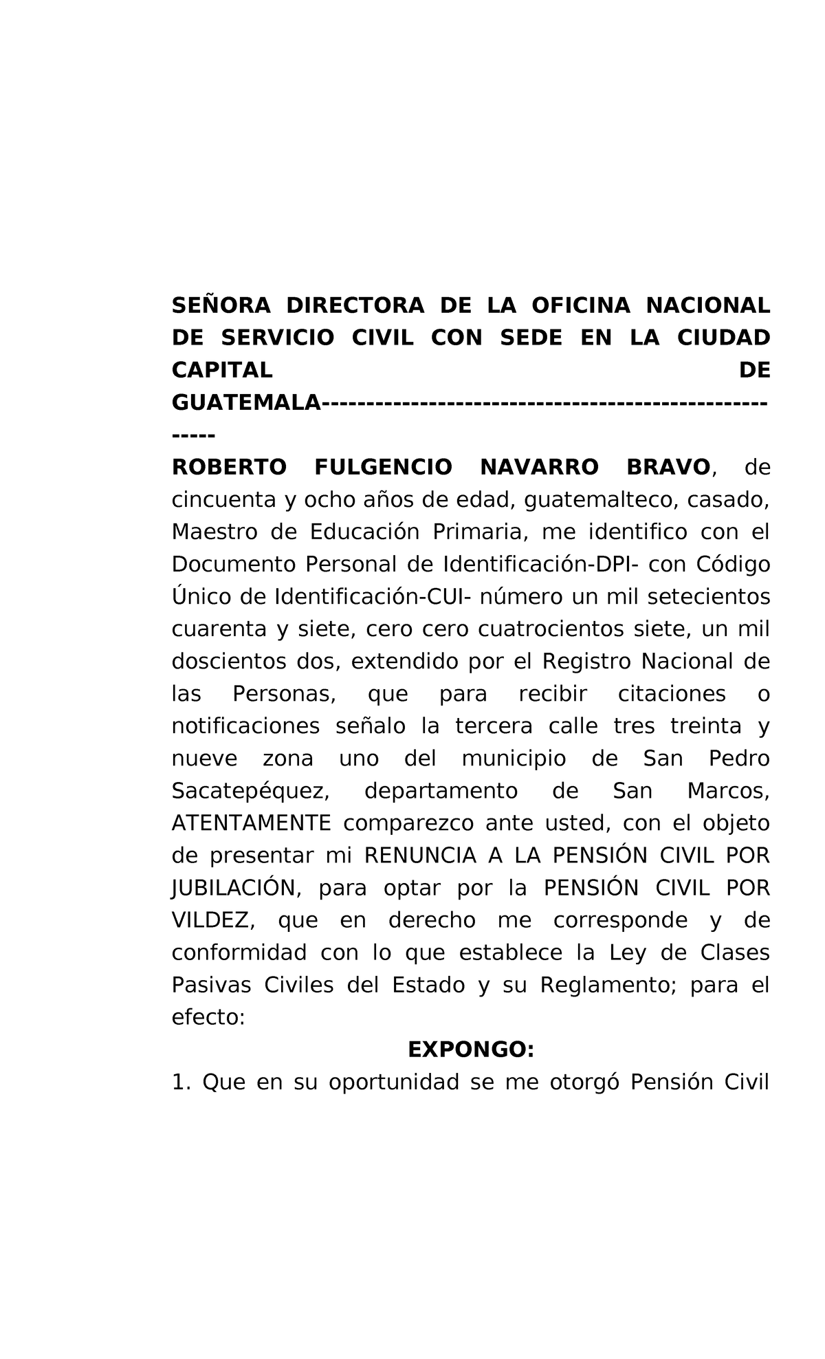 Renuncia a Pensión Civil por Jubilación - Roberto Navarro - Studocu