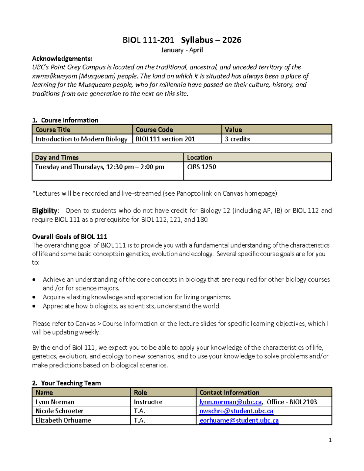 BIOL 111 Syllabus 2026: Introduction to Modern Biology Overview - Studocu