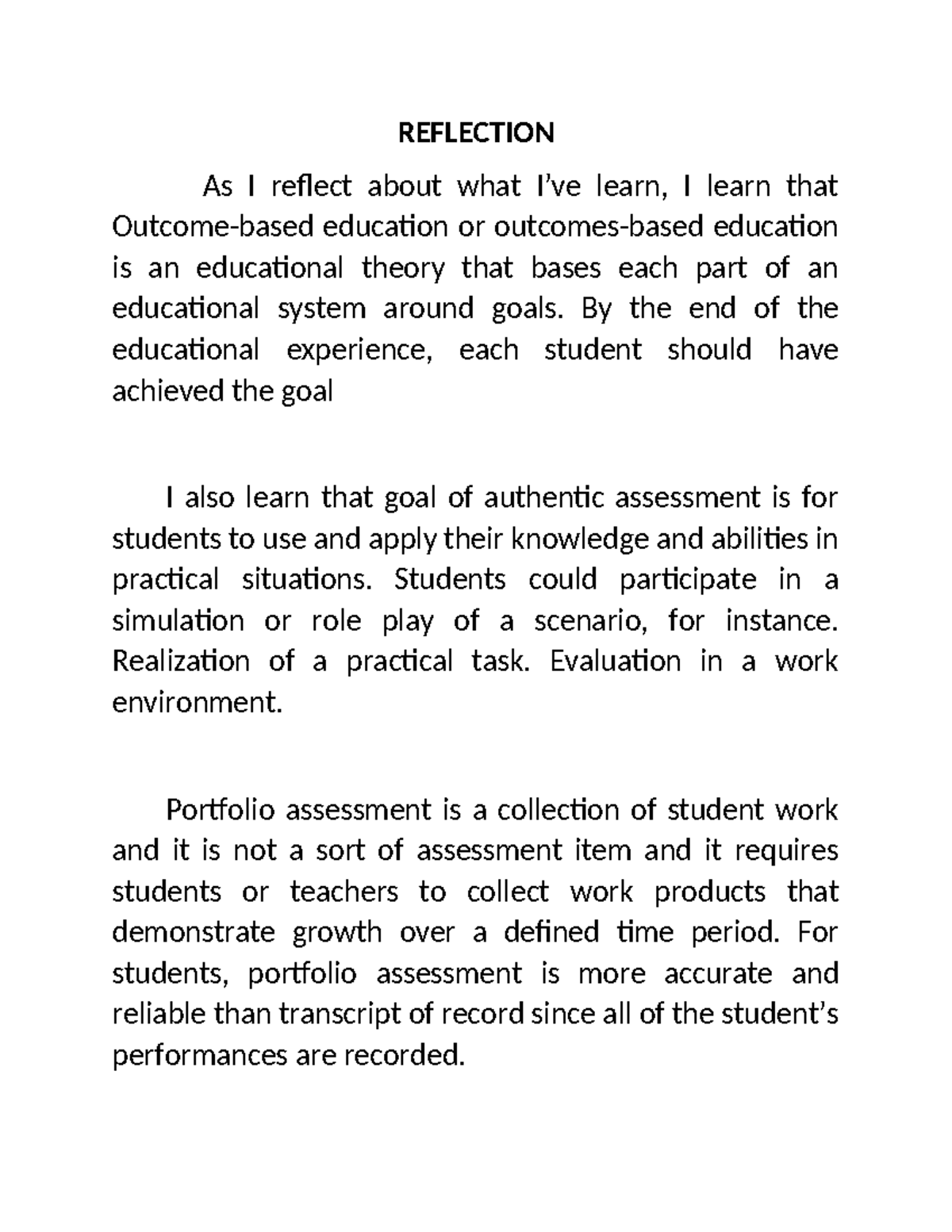 REFLECTION ON EDUCATIONAL THEORIES AND ASSESSMENT METHODS - Studocu