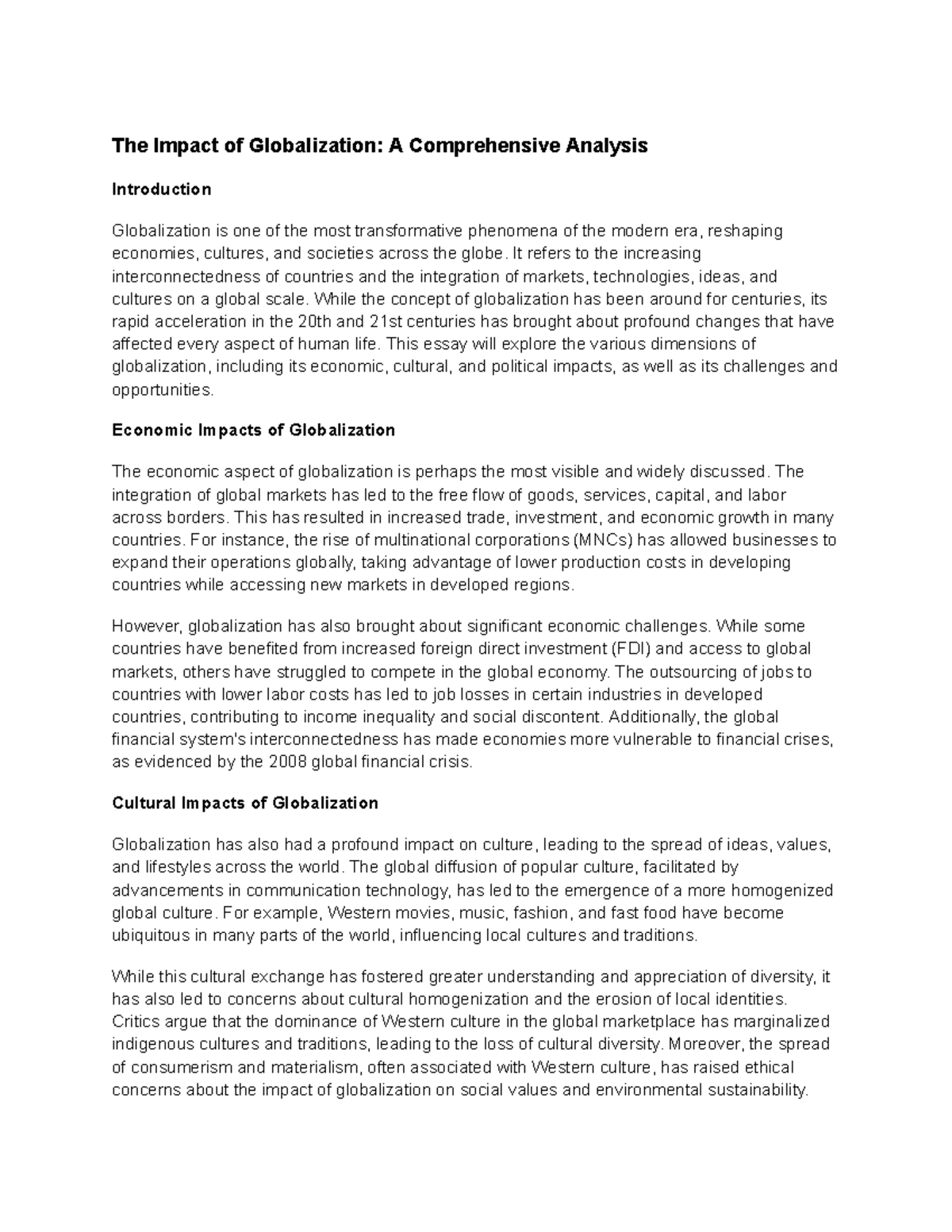The Impact of Globalization (A Comprehensive Analysis of Economic ...