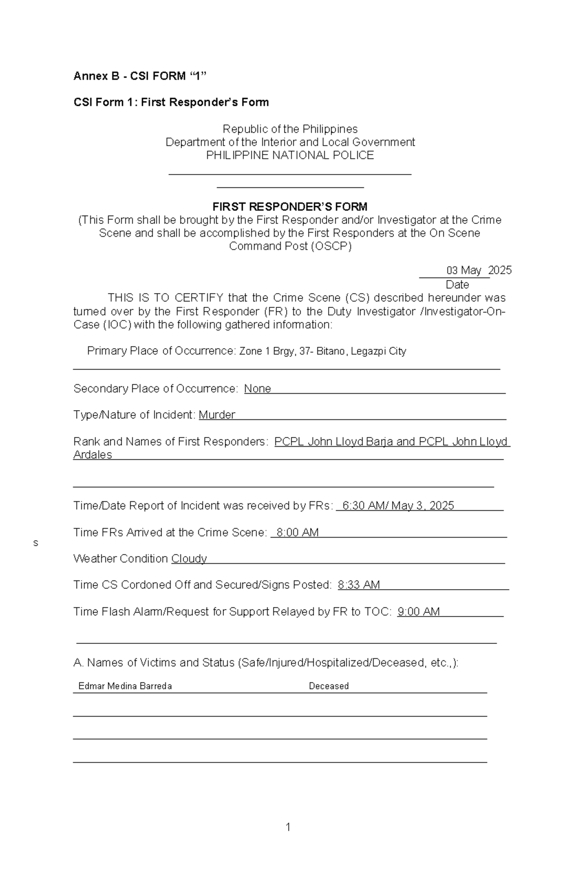 Annex B CSI Form: Crime Scene Investigation Report for Murder Case ...