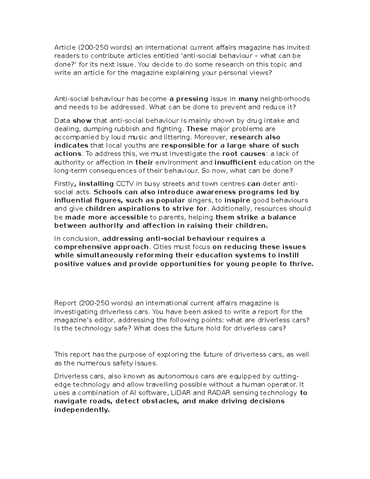English Advanced - Anti-Social Behaviour and Driverless Cars Essays ...