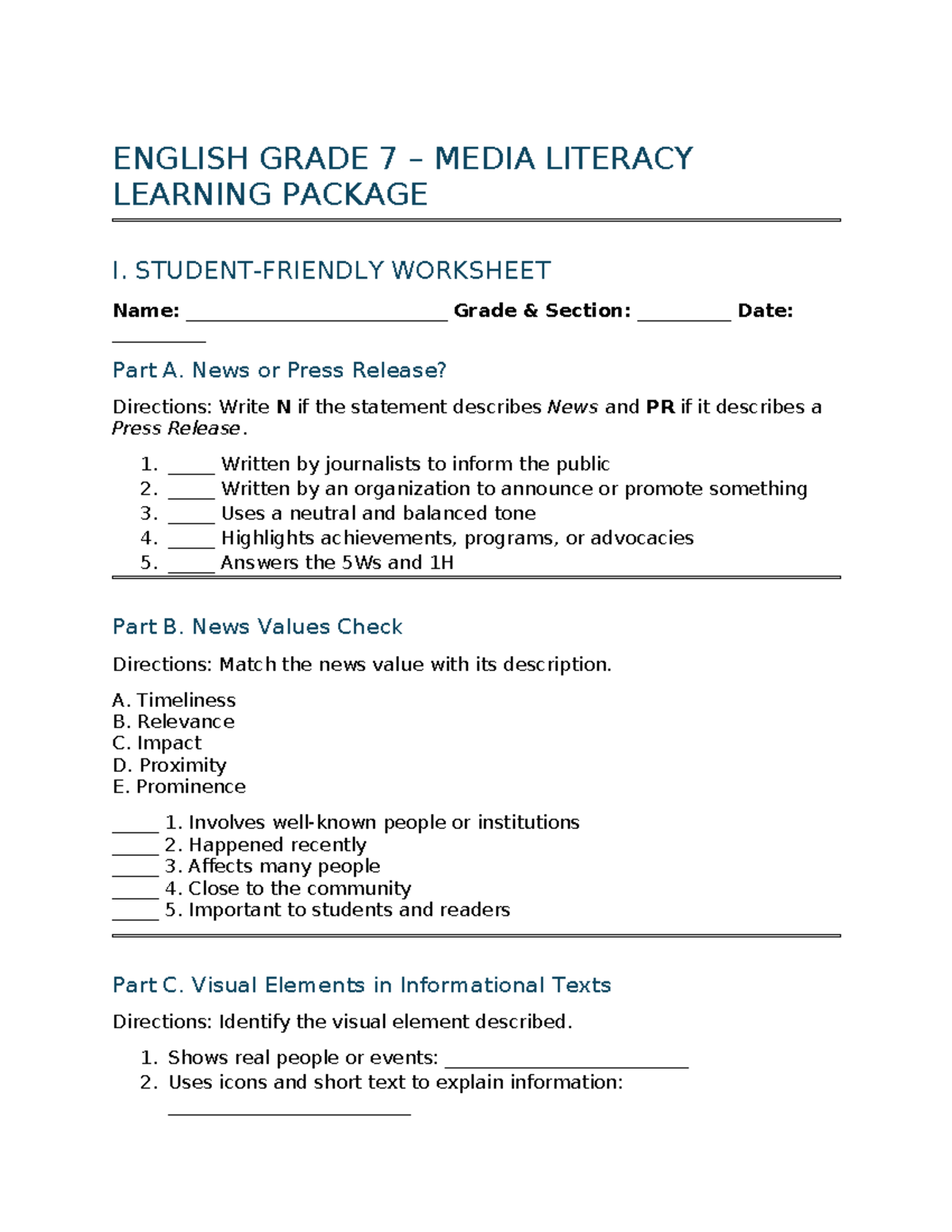 ENGLISH GRADE 7 MEDIA LITERACY WORKSHEET & RUBRIC - Studocu