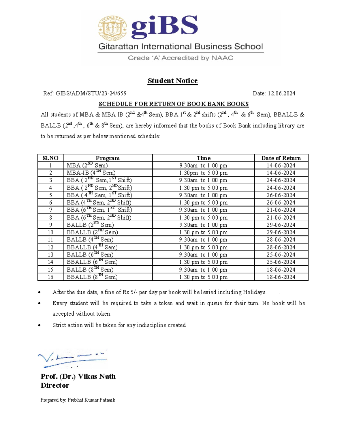1318347 - Book Bank Return Schedule for MBA, BBA, and BALLB Students ...