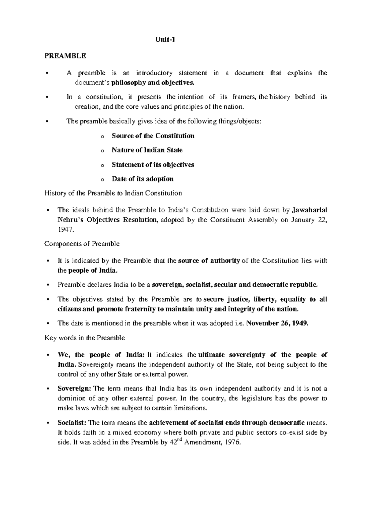 COI Notes 1 - Preamble and Significance of Indian Constitution - Studocu