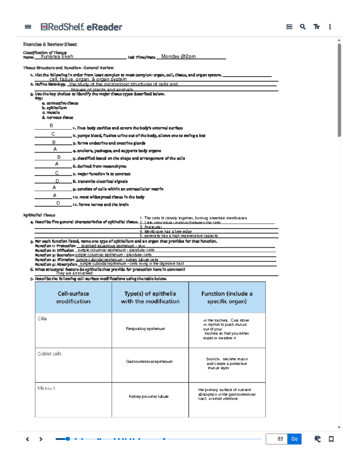 Lab1 ch - lab - Exercise 6 Review Sheet Classif ication of Tissues Name Lab Time/Date Tissue ...