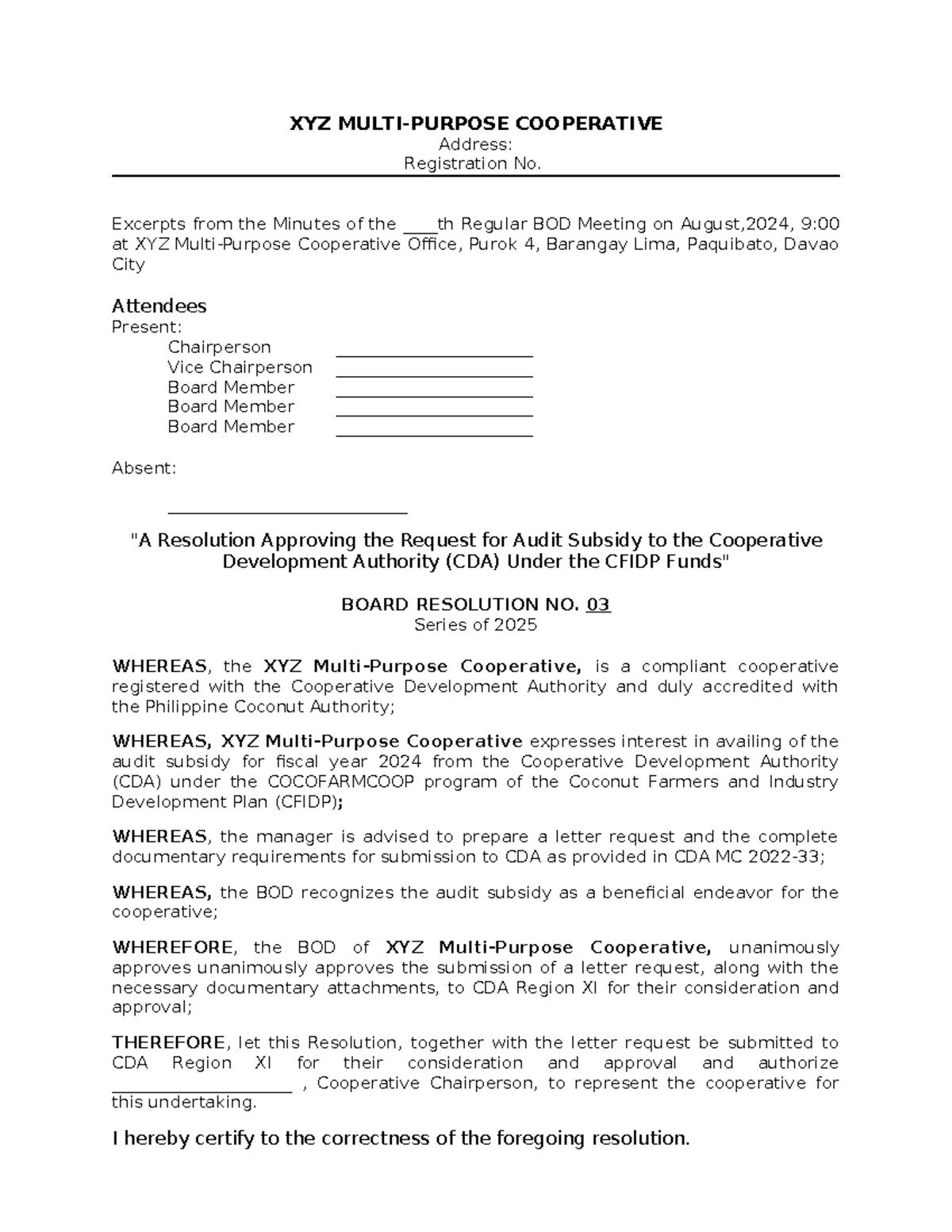 XYZ Cooperative BOD Meeting Minutes: Audit Subsidy Resolution - Studocu