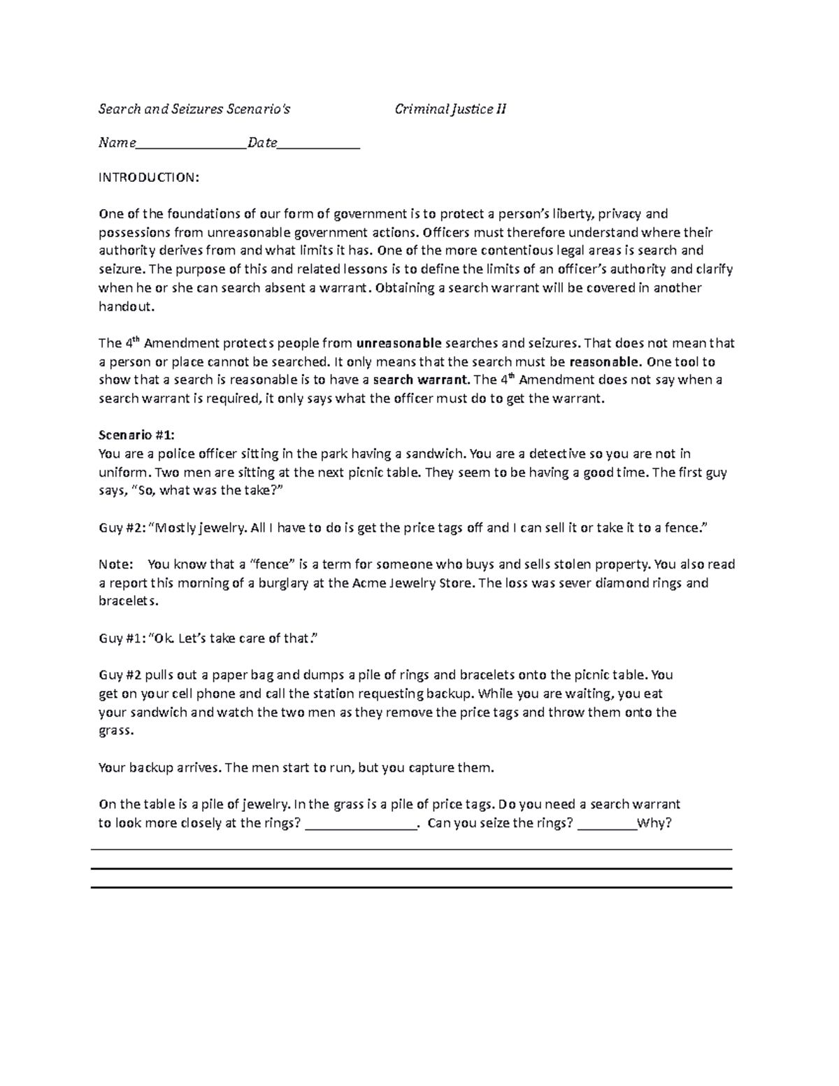 Search and Seizure Scenarios: Criminal Justice II Worksheet - Studocu