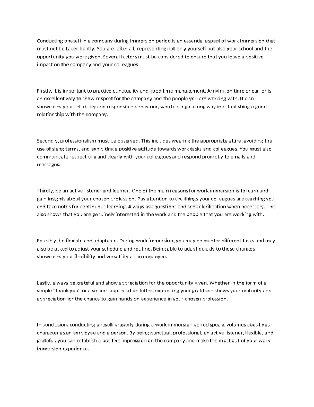 Work Immersion Conduct: Best Practices for Success - Studocu