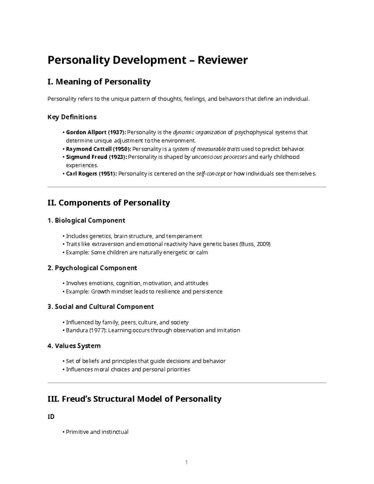 Personality Development Reviewer I: Key Concepts and Components - Studocu