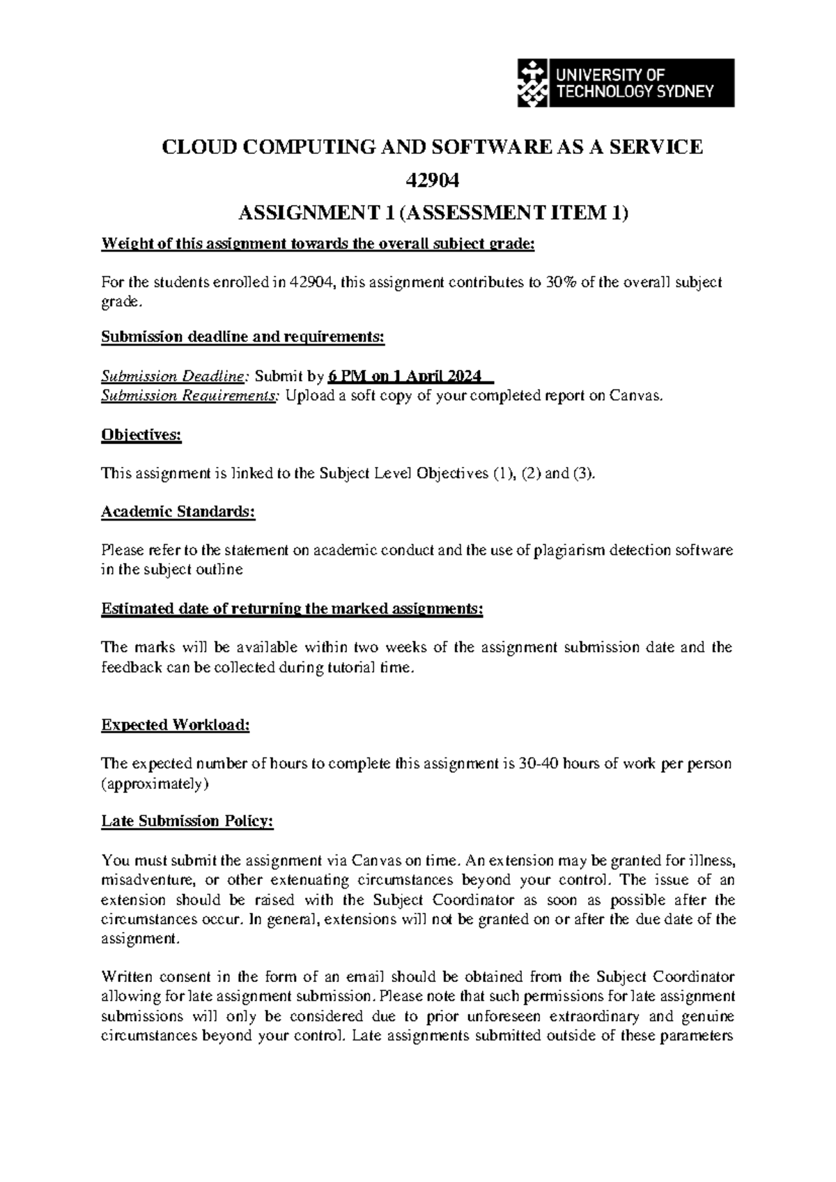 Assignment 1: Cloud Computing & SaaS Insights for Course 42904-3 - Studocu