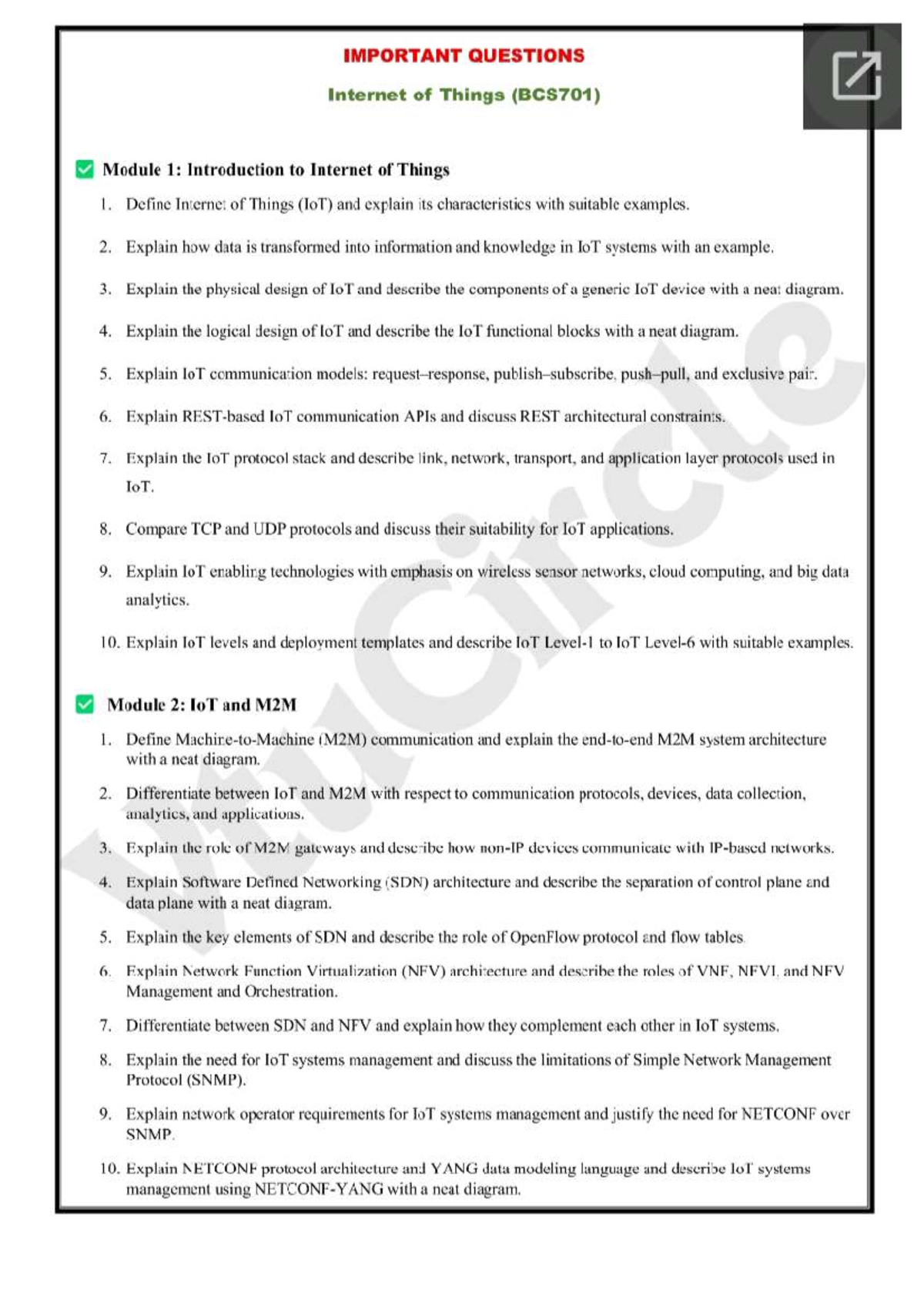 IoT Important Questions and Concepts (BCS701) - Studocu
