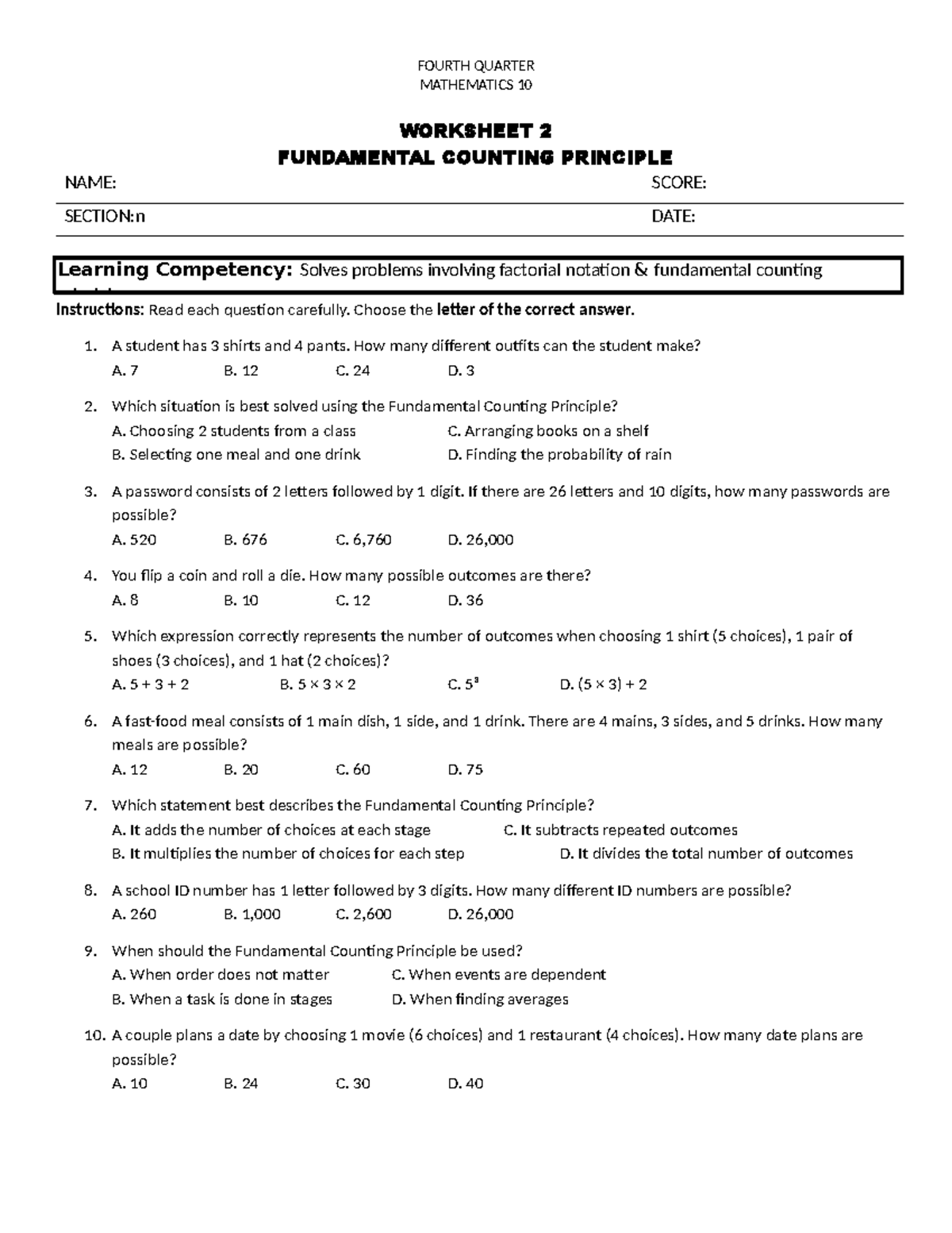 Mathematics 10: Worksheet 2 on Fundamental Counting Principle - Studocu