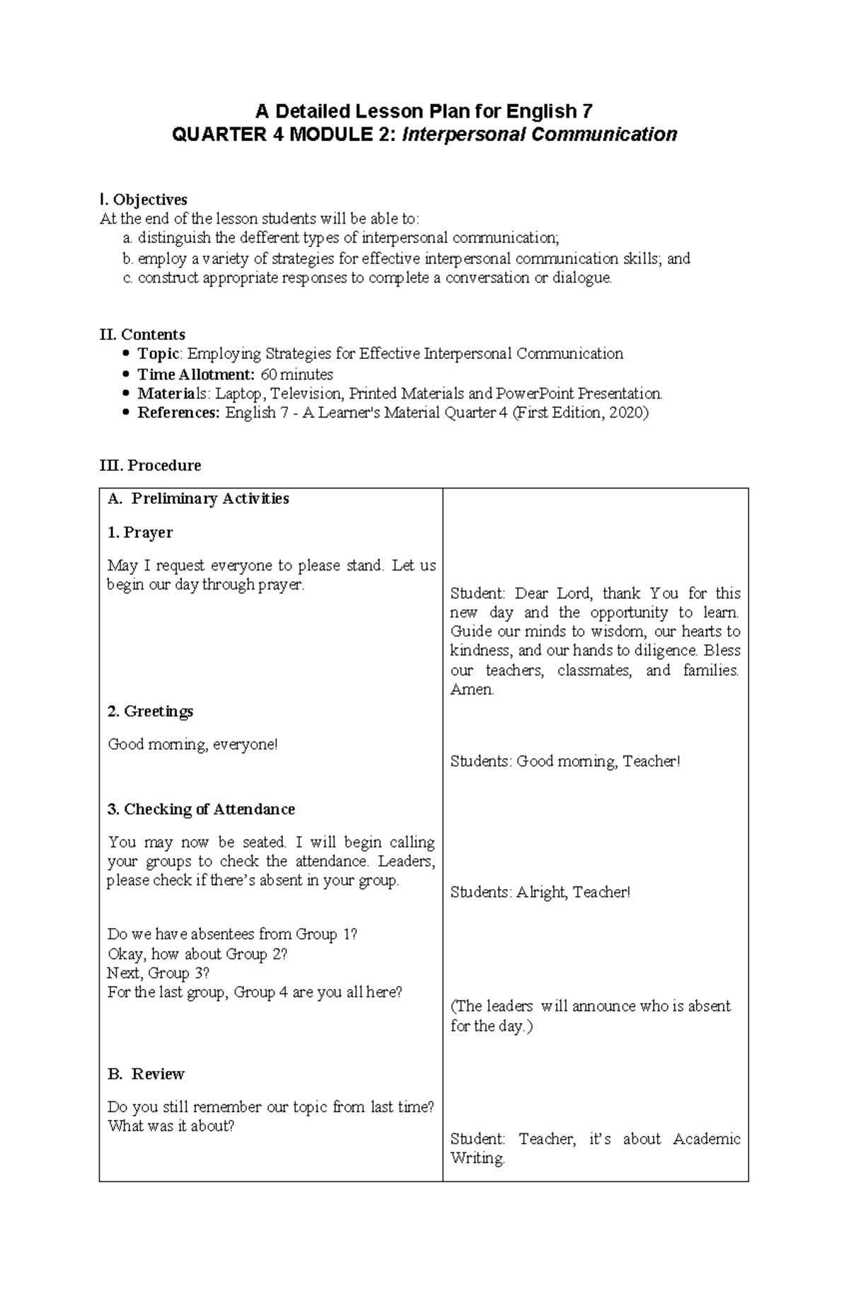 Module 2 - Lesson Plan on Interpersonal Communication for English 7 ...