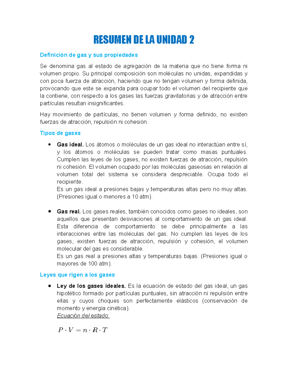 Resumen de Gases - RESUMEN DE LA UNIDAD 2 Definición de gas y sus ...