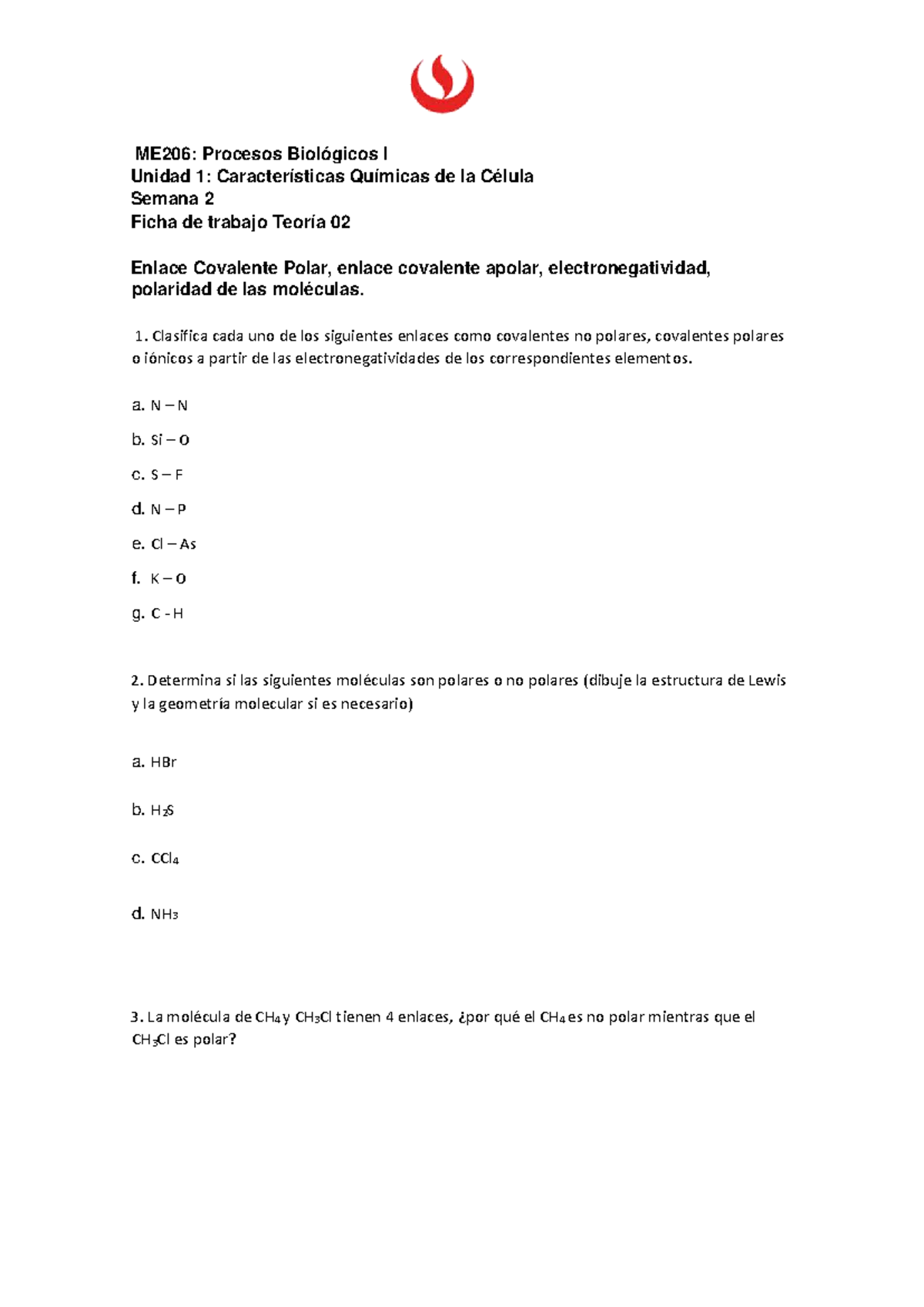 ME206: Procesos Biológicos I - Unidad 1 Teoría 02 Enlaces y Polaridad ...