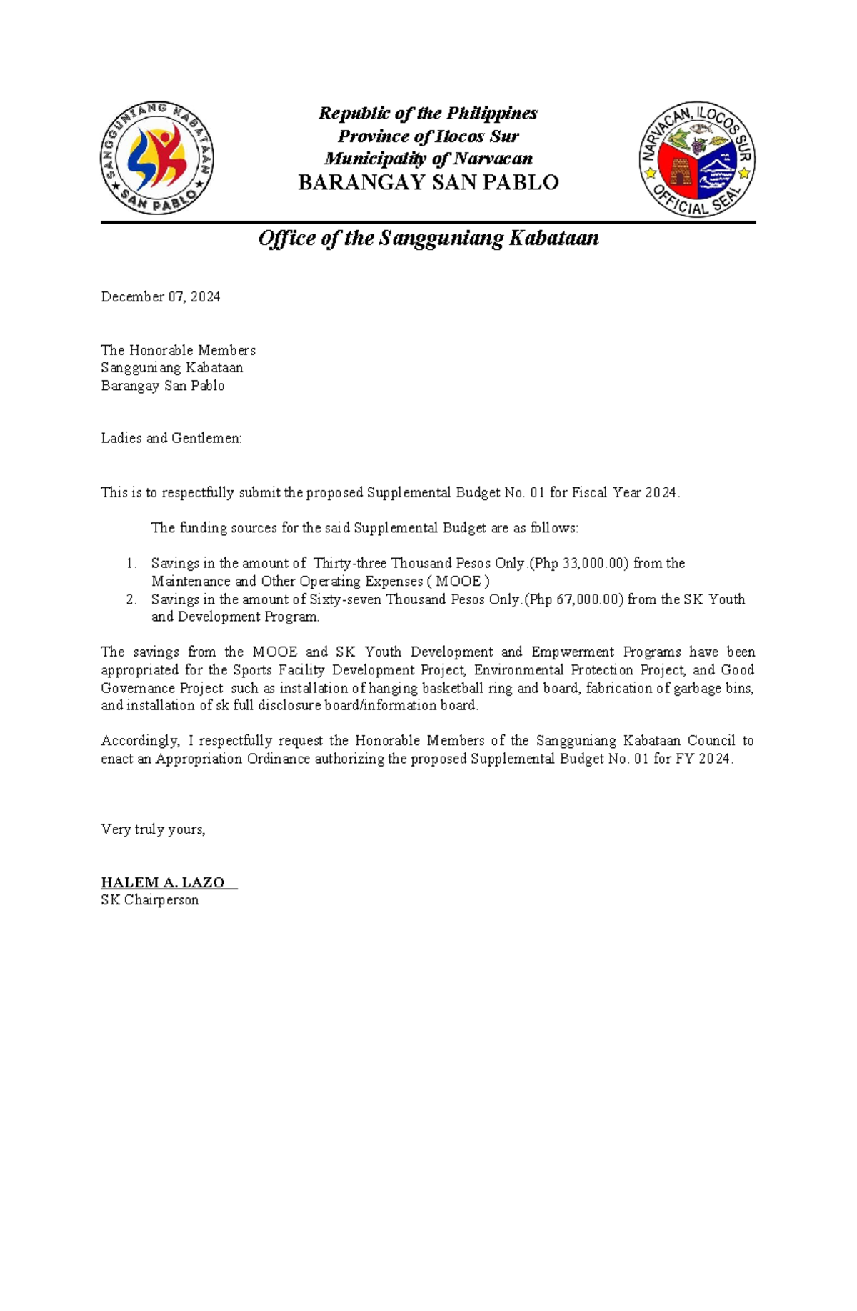 Proposed Supplemental Budget No. 01 for FY 2024 - Barangay San Pablo ...