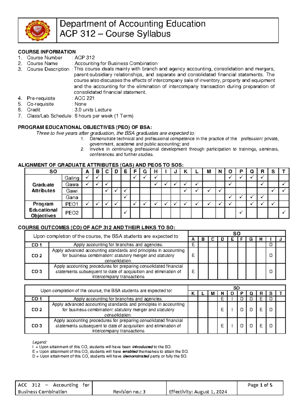 ACP 312 Course Syllabus: Accounting for Business Combination - Studocu