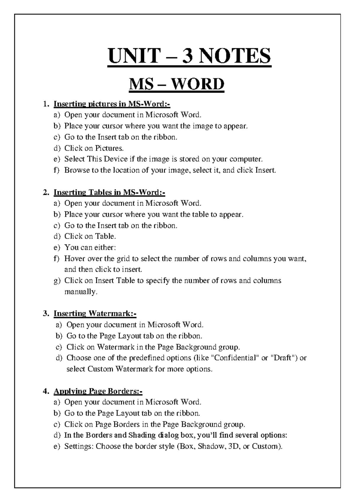 UNIT 3 MS WORD Notes: Inserting Images, Tables, and More - Studocu